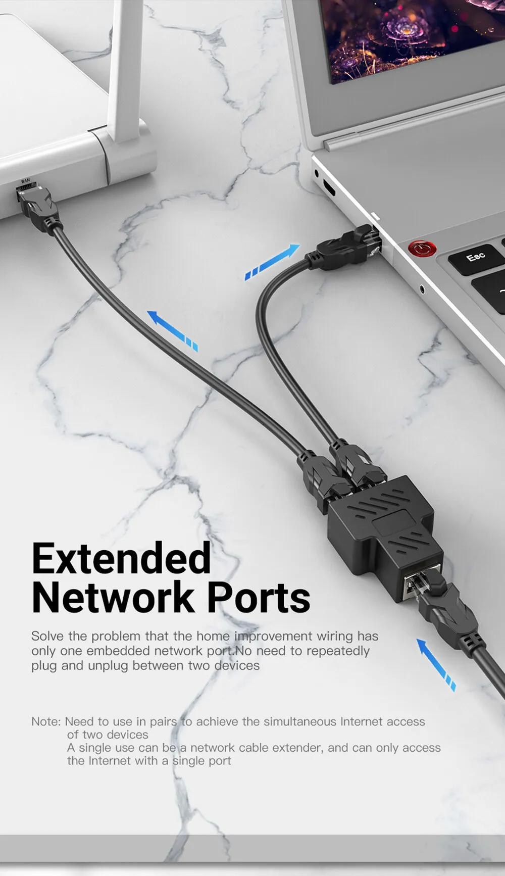 1 To 2 Way Ethernet Cable Port Network Splitter Extender Plug Connector ...