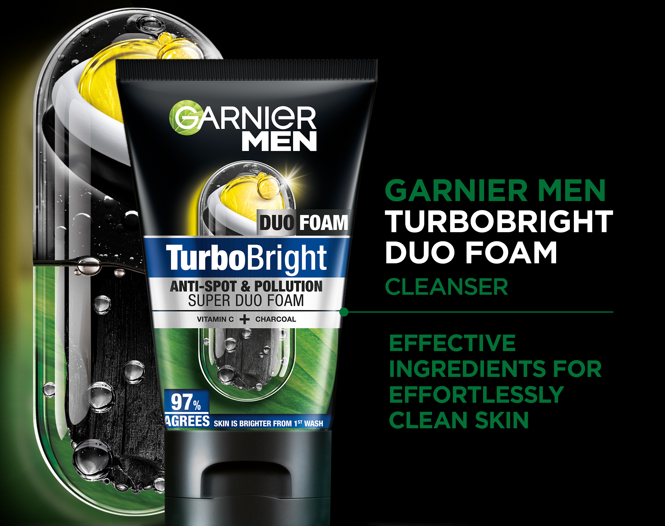 NEW Garnier Men Turbo Bright Anti-Spot & Pollution Duo Foam Cleanser (50ml/100ml) - for dark ...