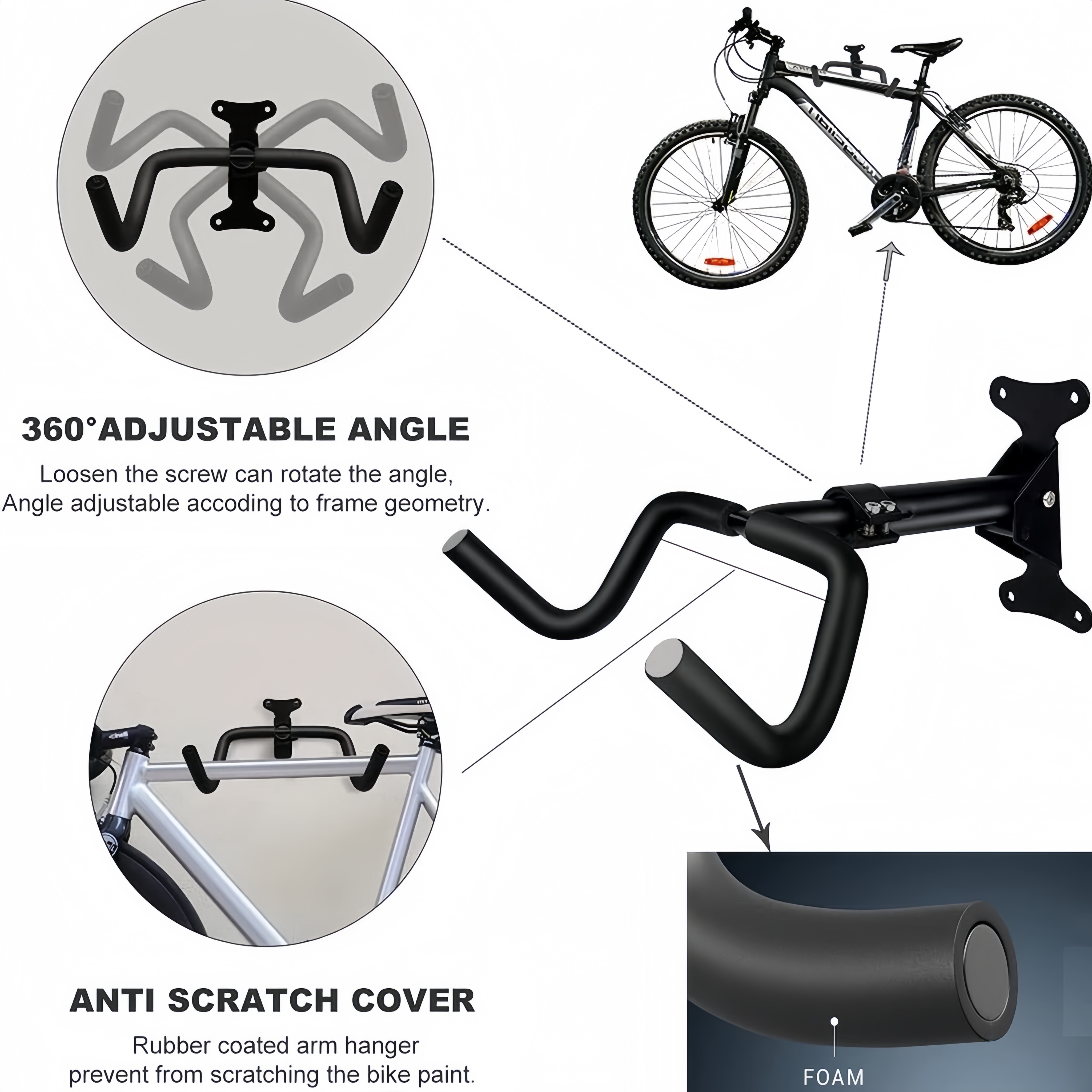 Bike Storage Rack Adjustable 360° Rotate Bike Wall Hanger Heavy Duty ...