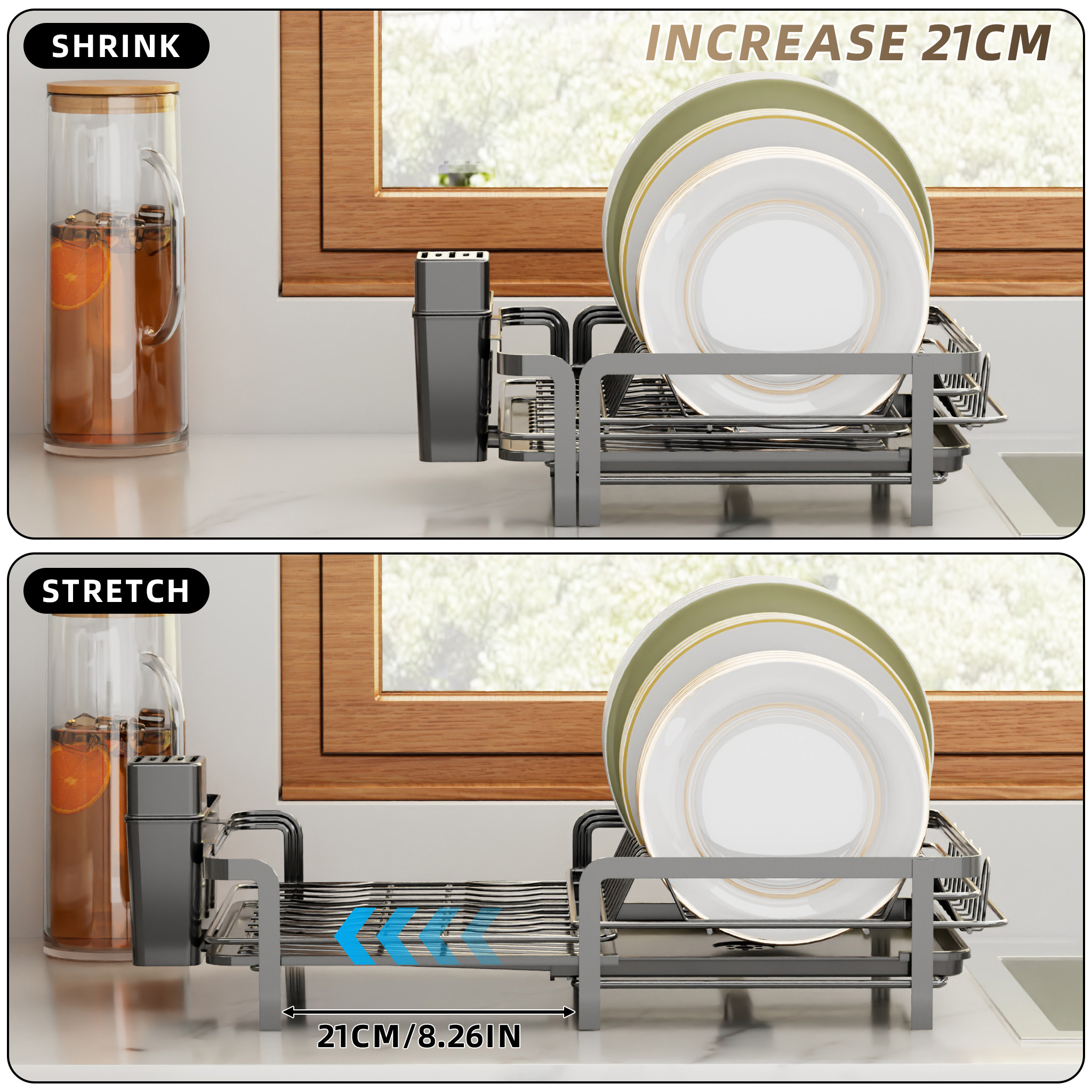 Kitchen Stainless Dish Organizer Black Retractable Dish Drainer Rack ...