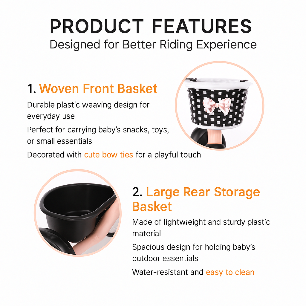 Baby 3 Wheels Bike for Baby Girl Kid Trolley Bike with Basket and Push Handle for Kids Stroller ...