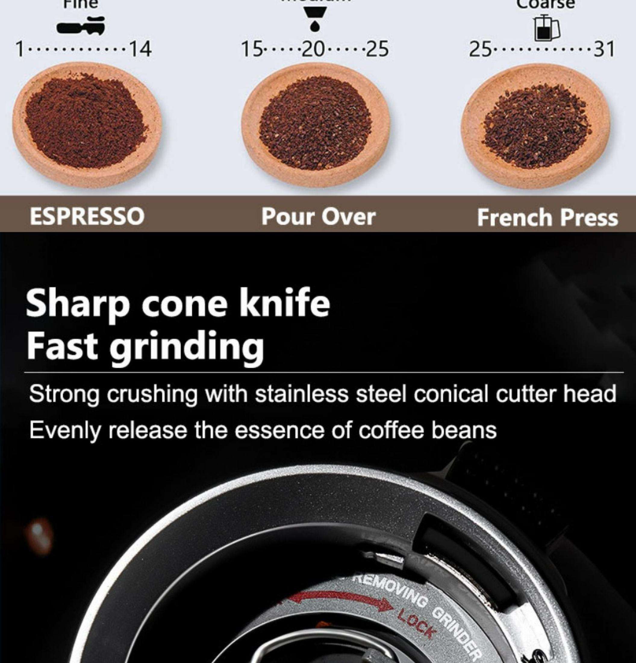 Conical Burr Coffee Grinder 31 Precise Press with Timer Grind Settings ...