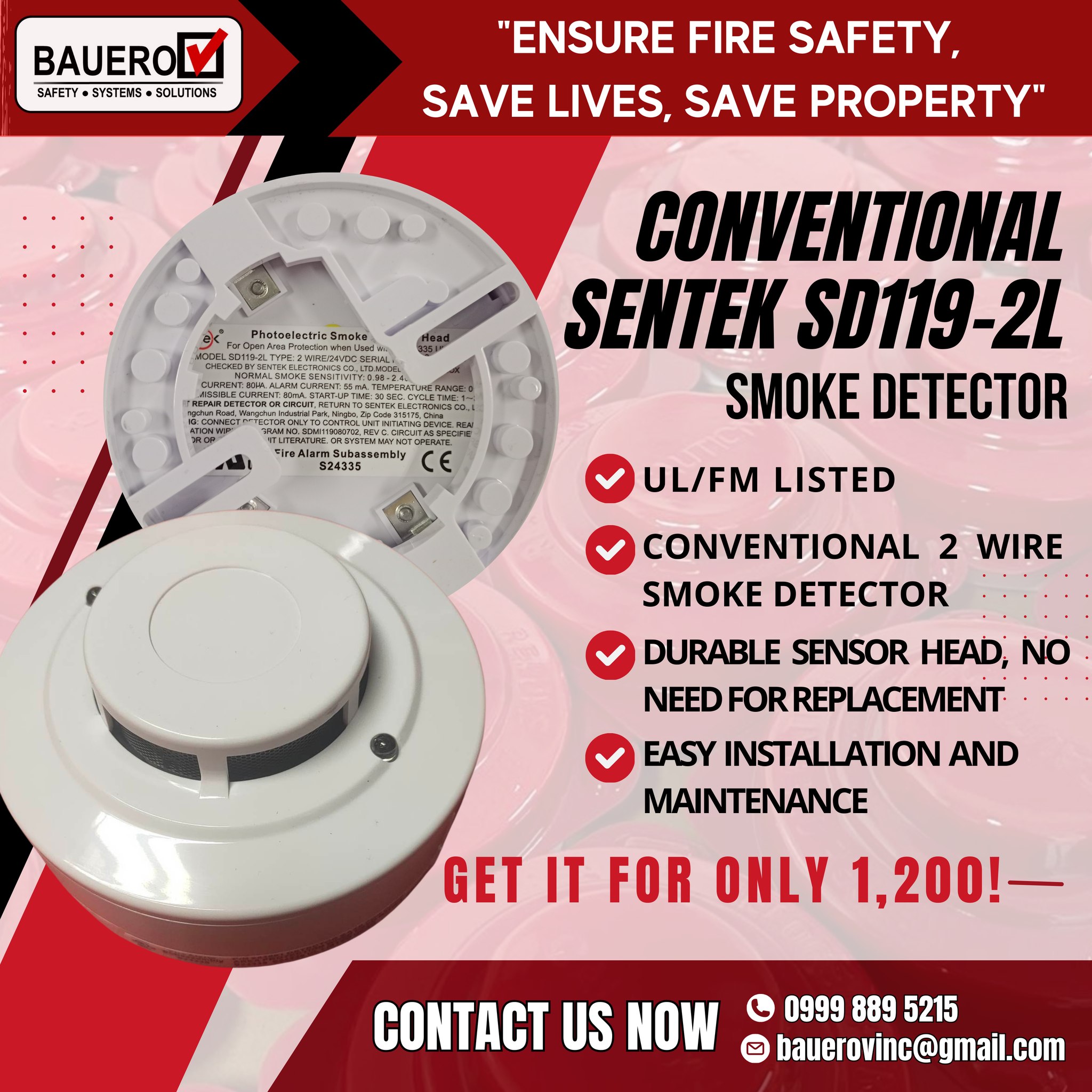 CONVENTIONAL SMOKE DETECTOR - SENTEK SD119-2L - NOT BATTERY OPERATED ...