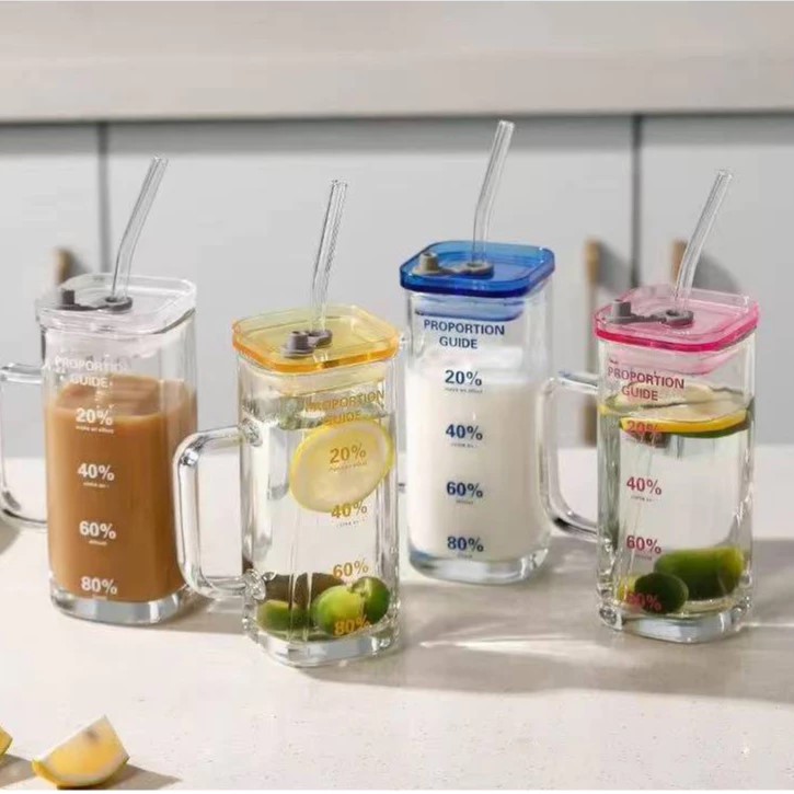 340ml Glass Mug with Straw and Lid For Drinking Transparent Printed ...