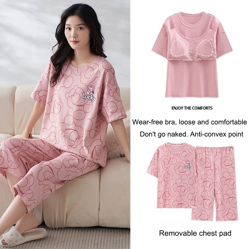 YISO 2 Pcs Pajamas for Women With Padded Pajama Plus Size Short-Sleeved ...