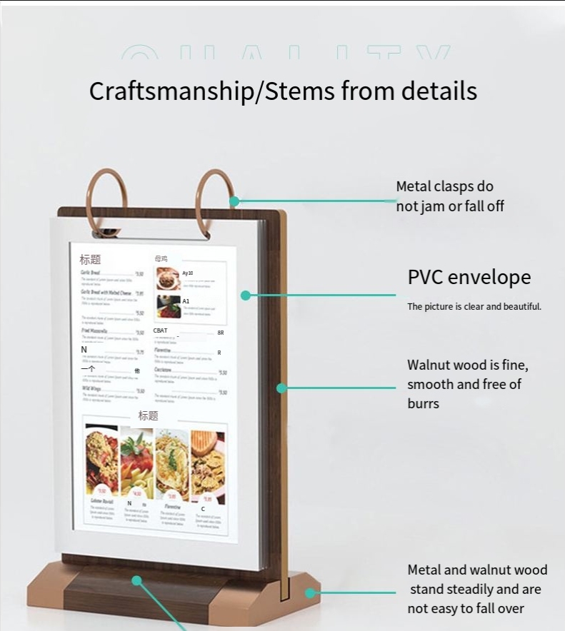Walnut Flip Table Card pvc Menu Binder Display Stand A4/A5/A6 Wooden ...