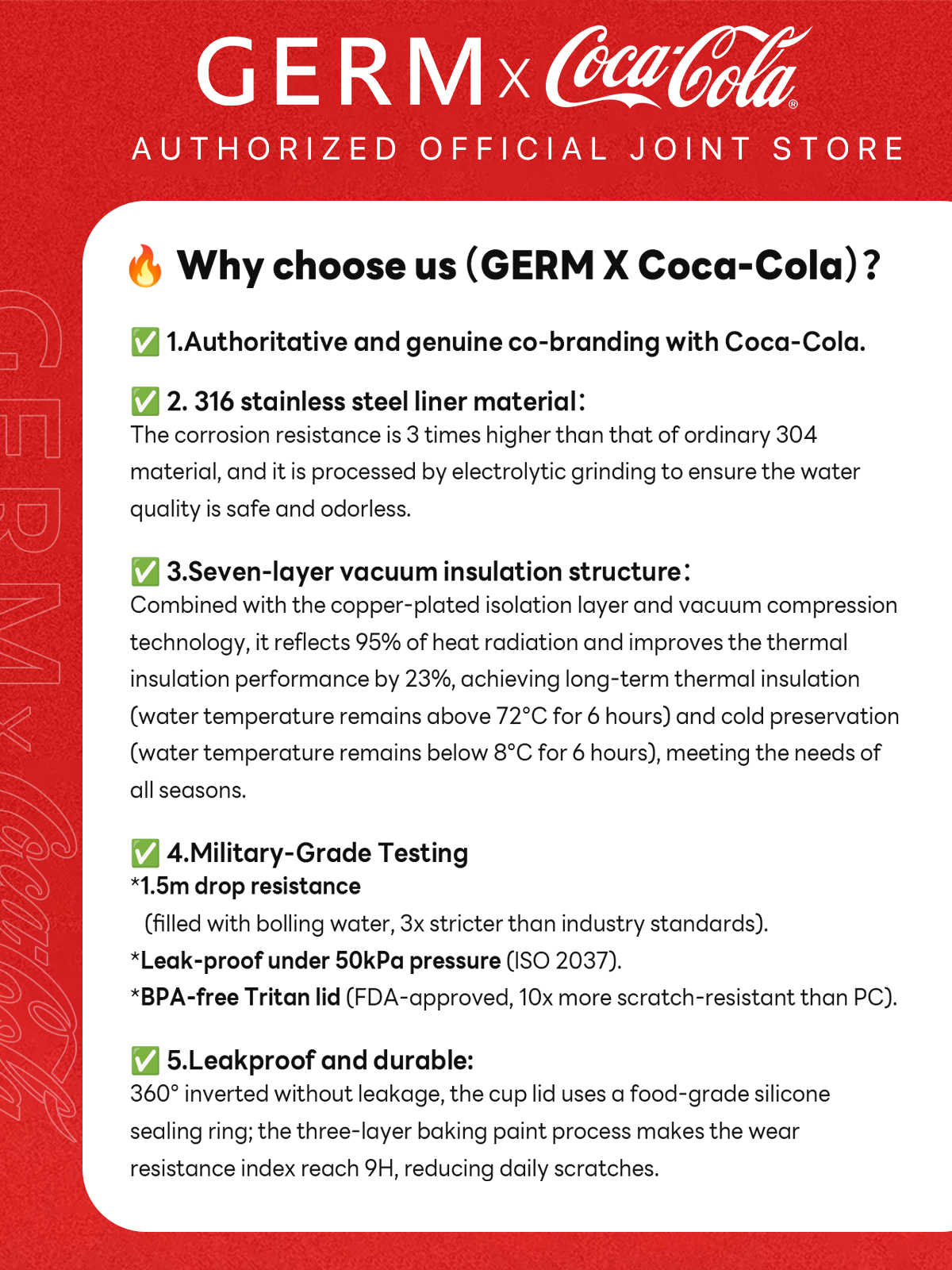 GERM X Coca-Cola B72 Thermos Cup Hot and Cold 316 Stainless Steel Sealed 24 hours Insulation ...