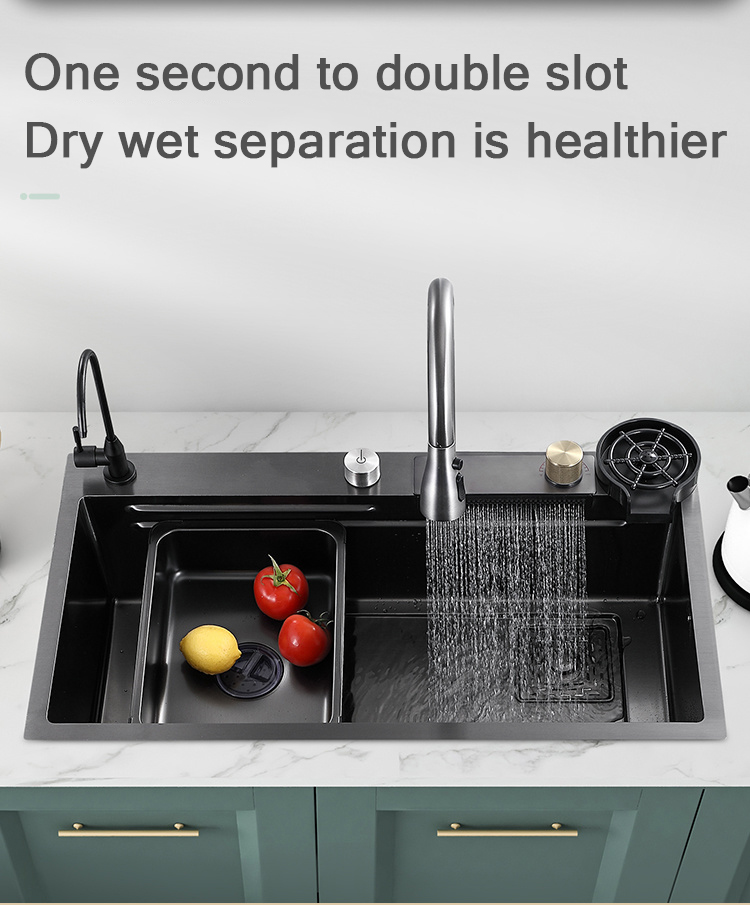 Digital high-end display waterfall style kitchen sink single slot 304 ...