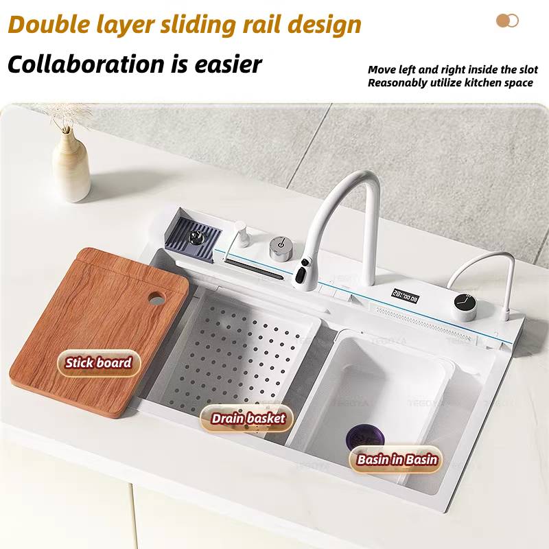 AUX Digital Display Waterfall Lababo Kitchen Sink 304 Stainless Steel ...