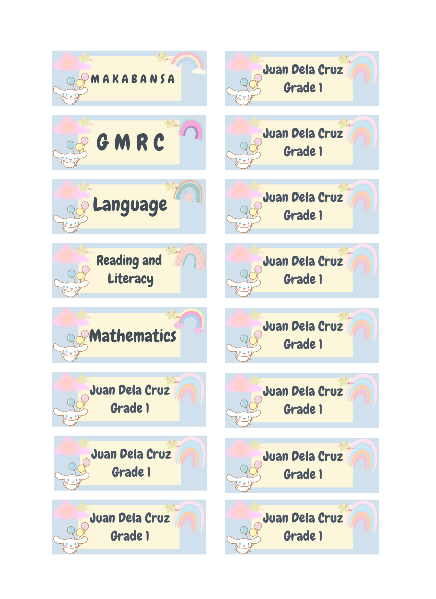 Cinnamoroll Theme Notebook Label Sticker Matatag Curriculum For Grade 1 ...