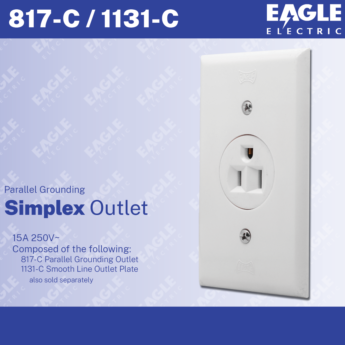EAGLE 817-C/1131-C 1-Gang Parallel Grounding Smooth Line Power Outlet 15A 250V~ EEPH Plug ...
