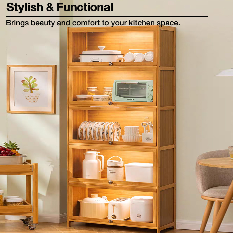 【On Hand】Bamboo Display Cabinet For Kitchen Acrylic Wood Bookshelf ...
