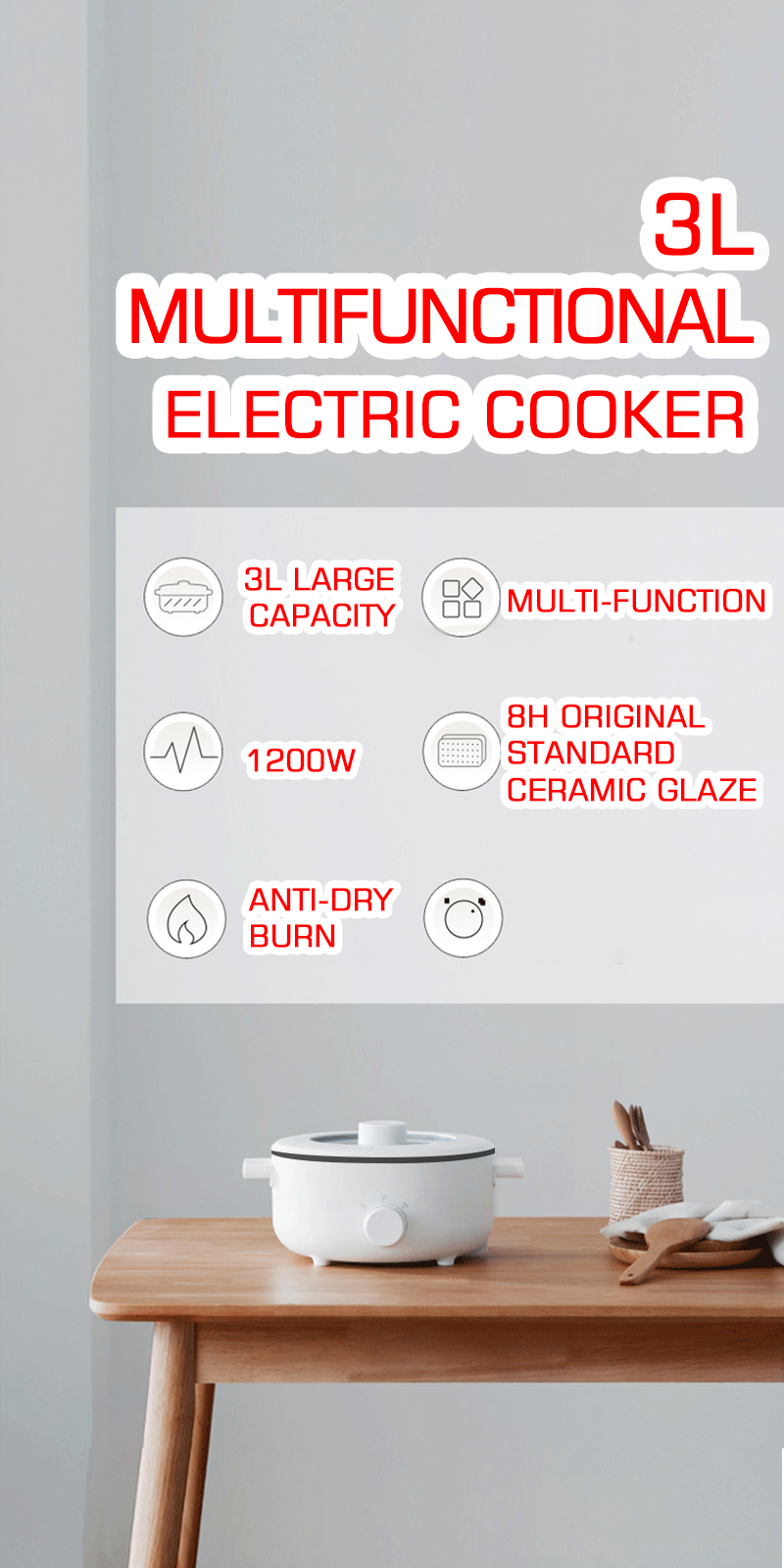 Lahome 3L Multicooker Electric Multi Function Rice Cooker Ramen HotPot ...