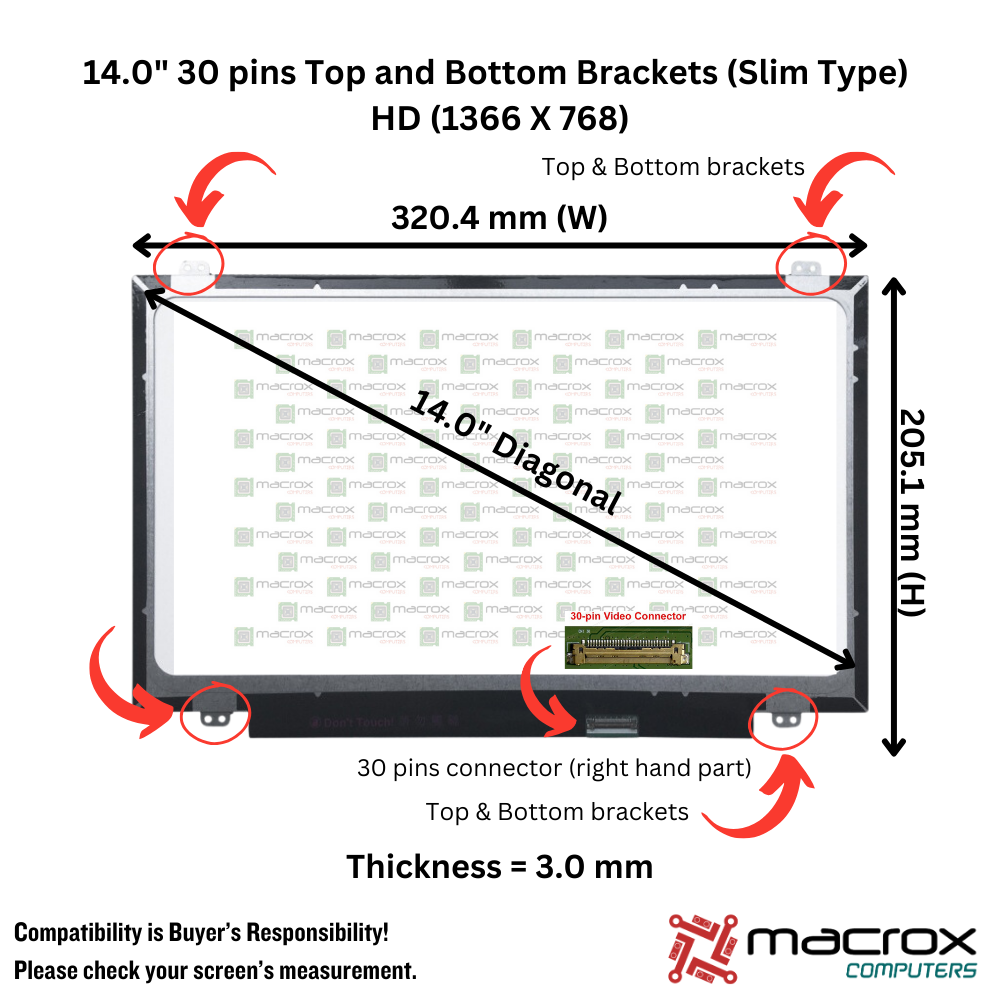 Laptop Screen 14.0" 30 pins Top / Bottom Brackets (Slim Type) HD (1366 ...