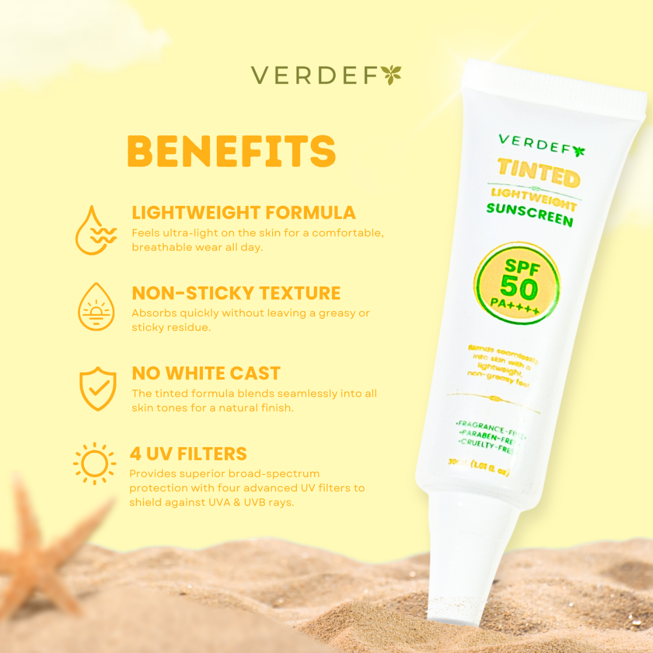 VERDEFY Tinted Lightweight Sunscreen SPF 50 PA++++ For Men & Women ...