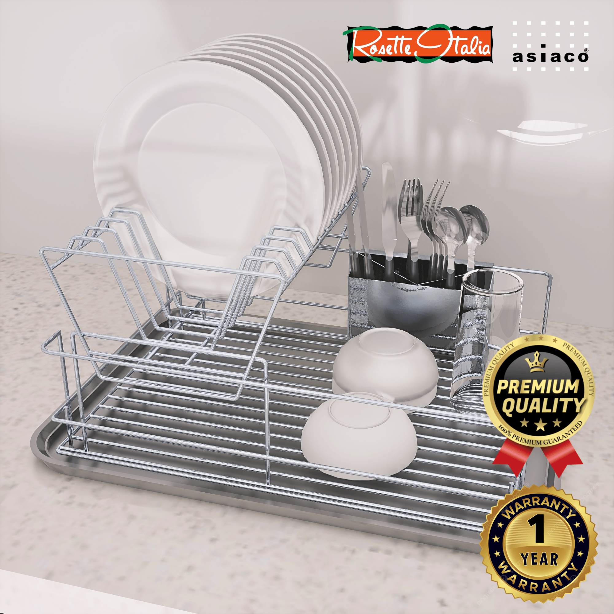 Asiaco Rosette Italia Stainless Steel Counter Top Dish and Utensil ...