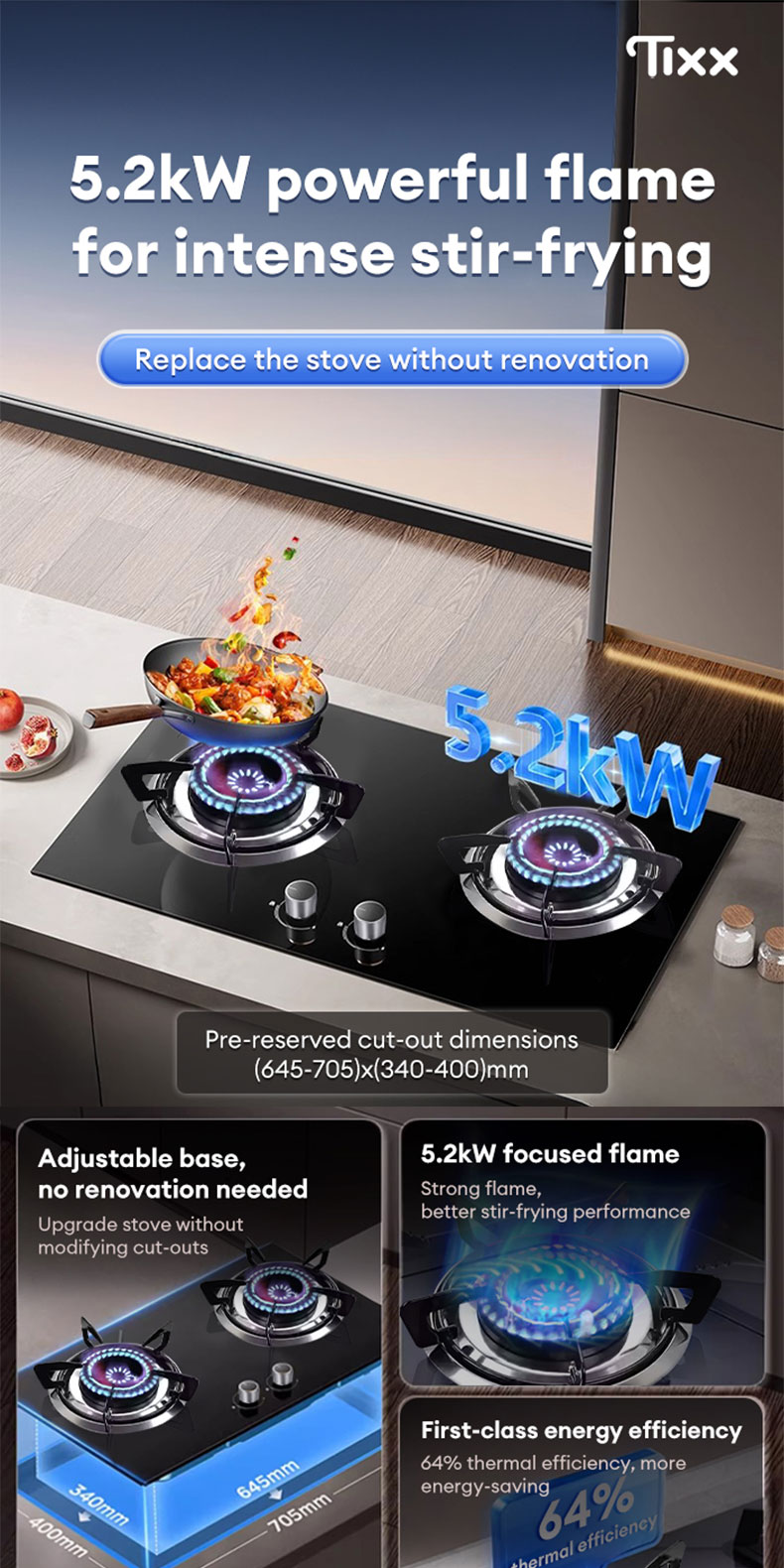 Tixx Gas Stove 4.2KW Ultra Firepower Double Burner Punch-Free Glass ...