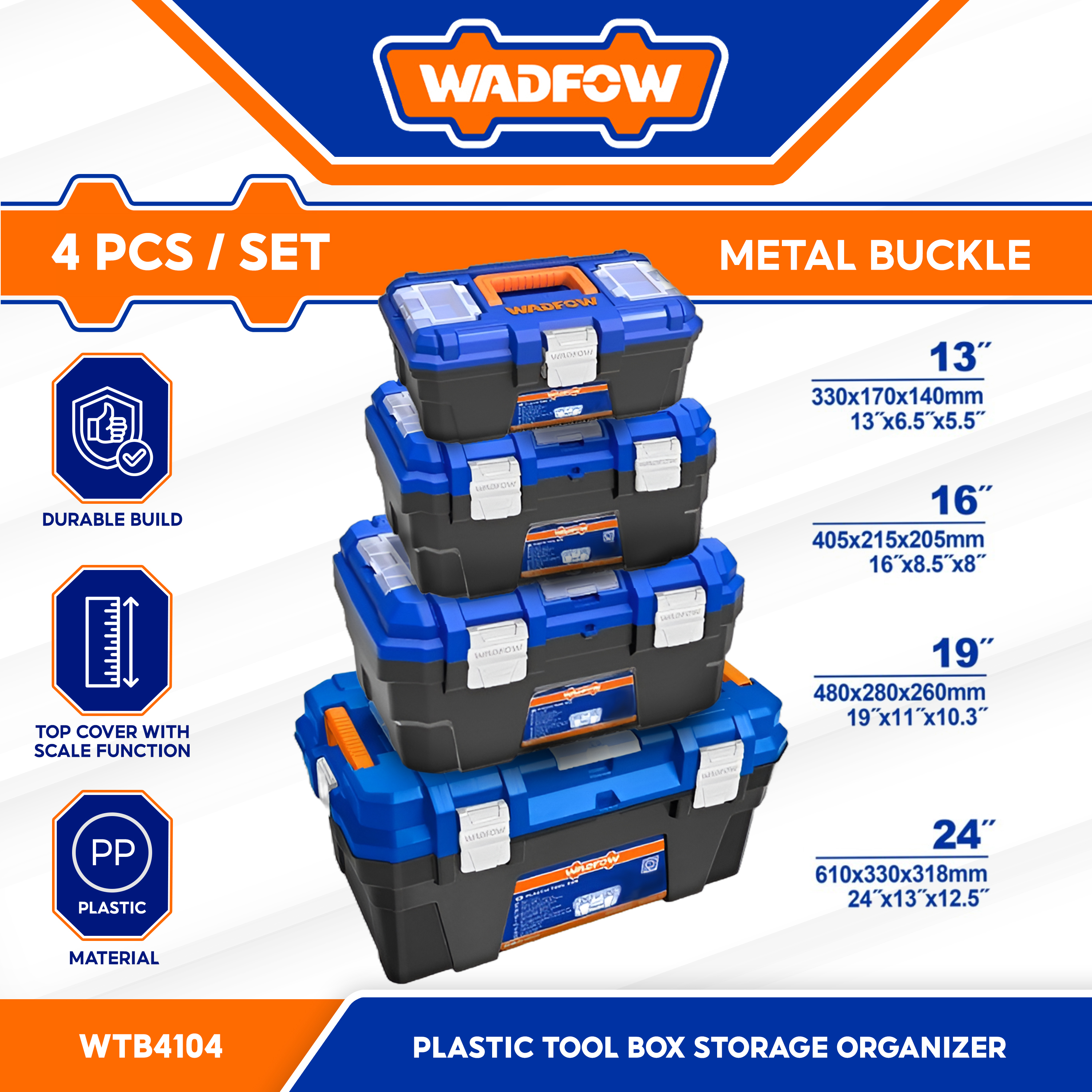 Wadfow WTB2104|WTB4104 4PCS/SET Plastic Tool Box Storage Organizer Case with Metal & Plastic ...