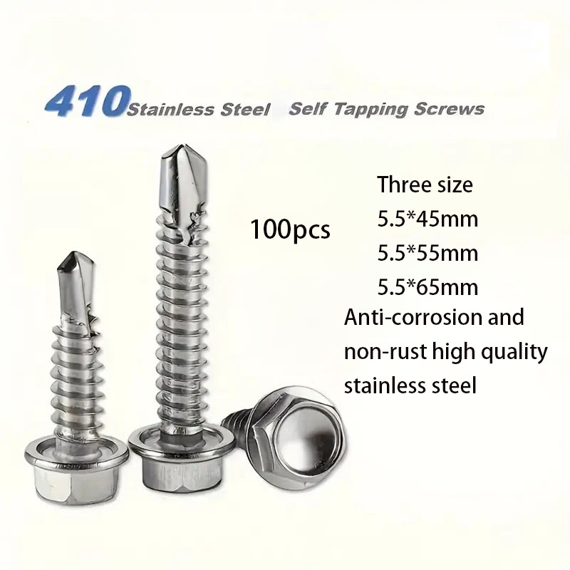 100Pcs 410 Stainless Steel Self-Drilling TEK Screws, #12 Hex Head Self ...
