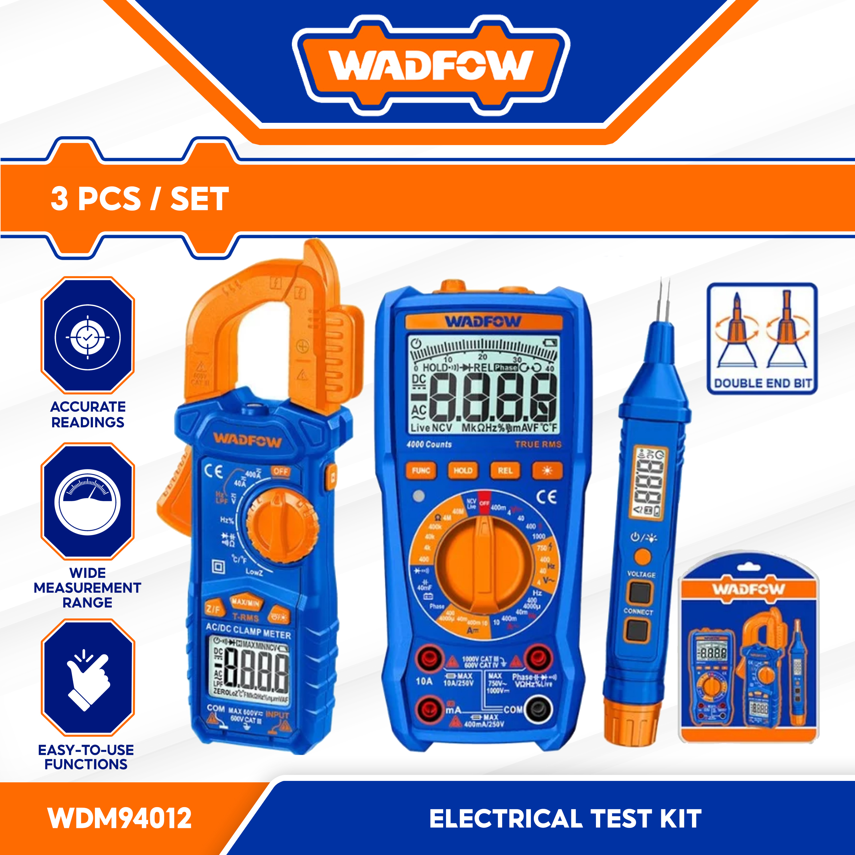 Wadfow 3PCS/SET Digital Multi Tester Multimeter Electrical Test Kit ...