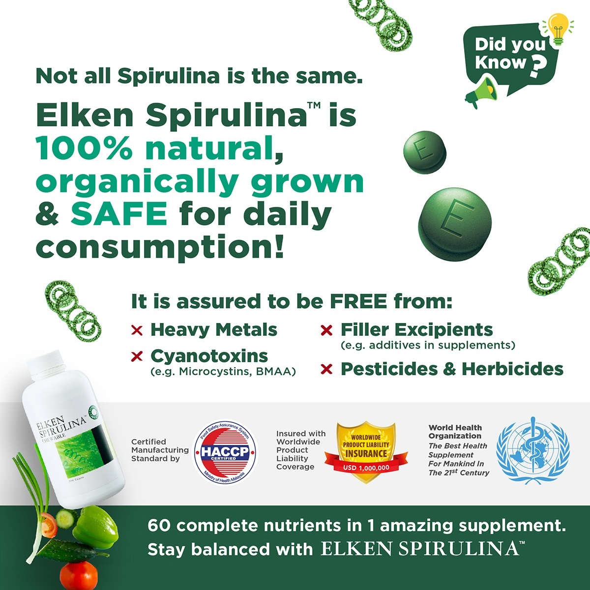 1 sachet ELKEN Spirulina | Certified Organic | 10 Tablets | Food Supplement | Shopee Philippines