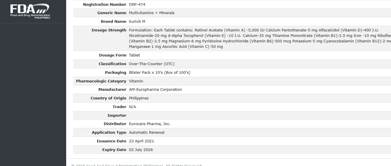 Multivitamins + Minerals EURIVIT-M 100 Tablets | Shopee Philippines