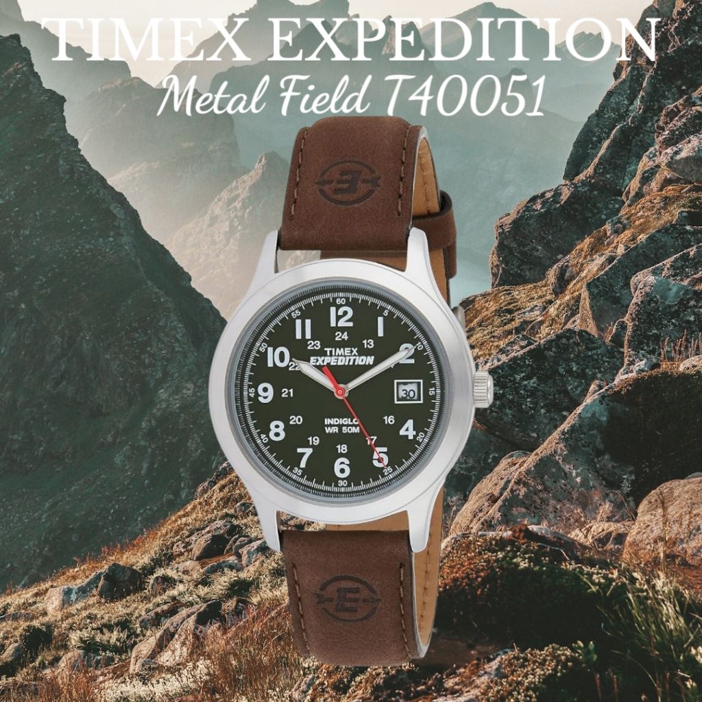 TIMEX EXPEDITION METAL FIELD Genuine Brown Leather Strap 40mm Green ...
