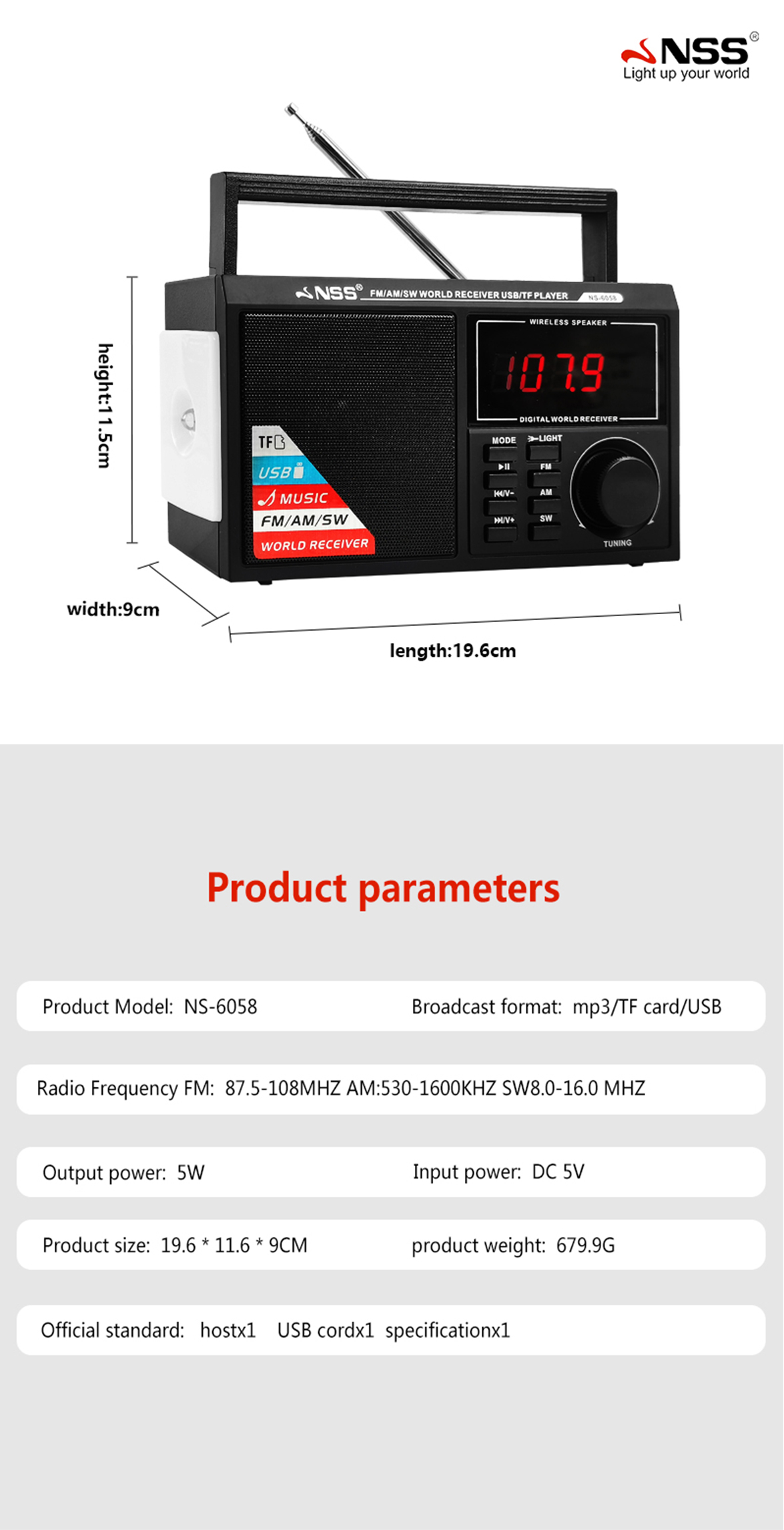 NSS radio FM/AM/SW 3-band radio with USB/SD/TF MP3 music player ...