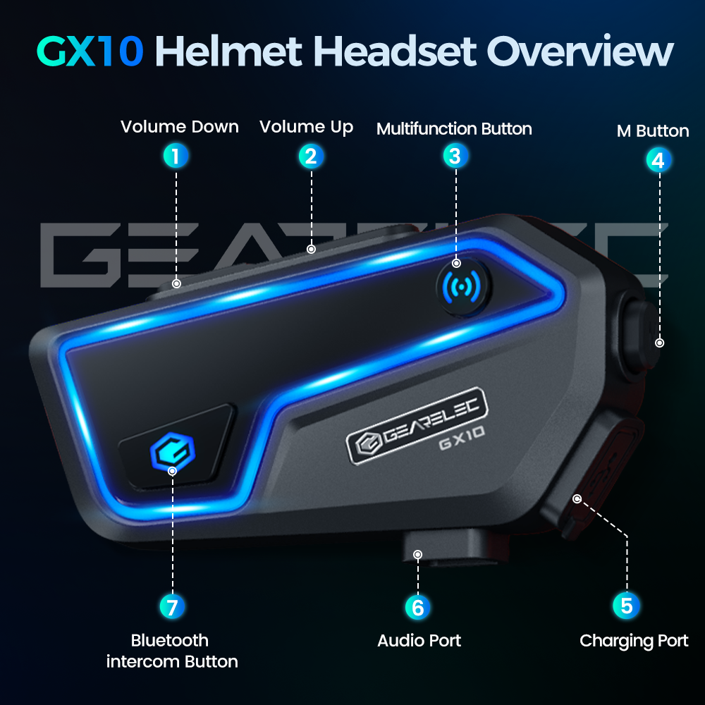 GEARELEC GX10 Helmet Headset Up To 10 Rider Group Intercom 2000m Range ...