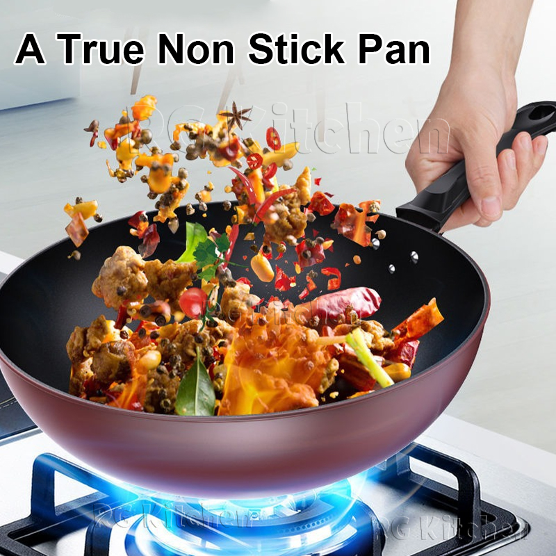 32cm Wok Non-Stick Pan Diamond Red Frying Pan Kitchen Iron Pot Gas ...