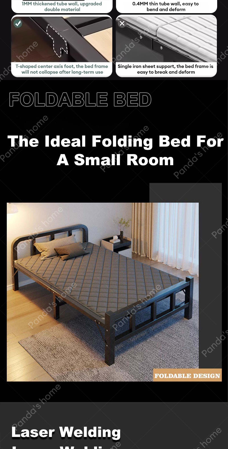 Panda's Home Metal Folding Bed Portable Foldable Bed Save Space For Dormitory Single/Double Bed ...