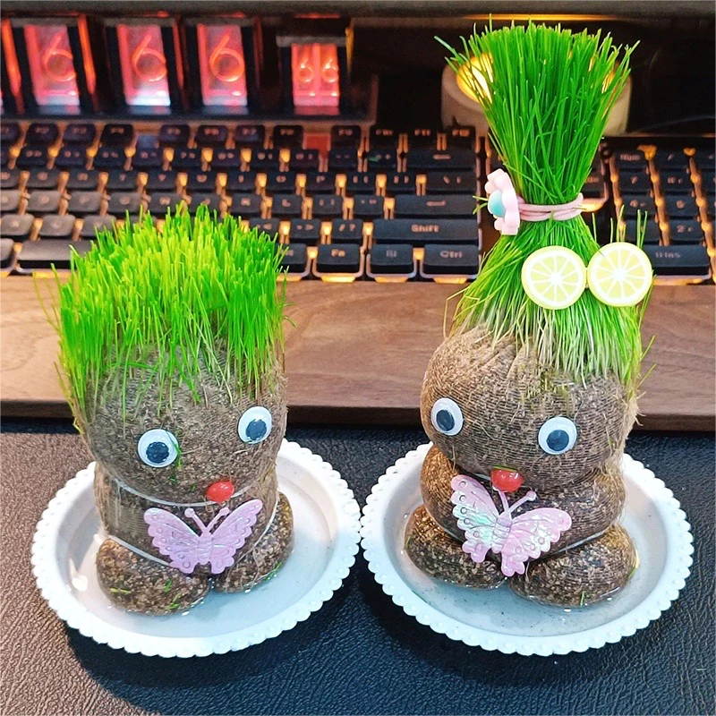 Grass Head Decor Children Growing Grass Doll Toys Office Table Plant ...