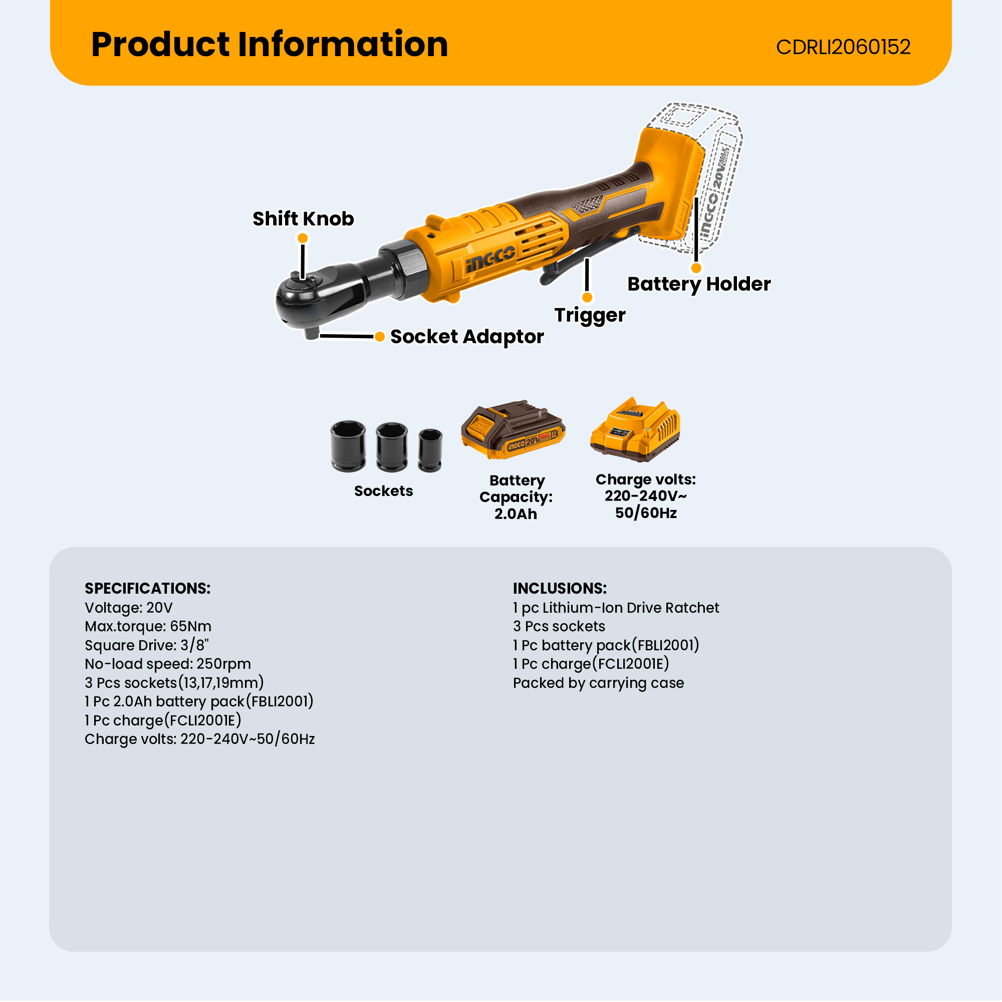 Ingco 20V Lithium-Ion Drive Ratchet with 3pcs Sockets, Battery and ...