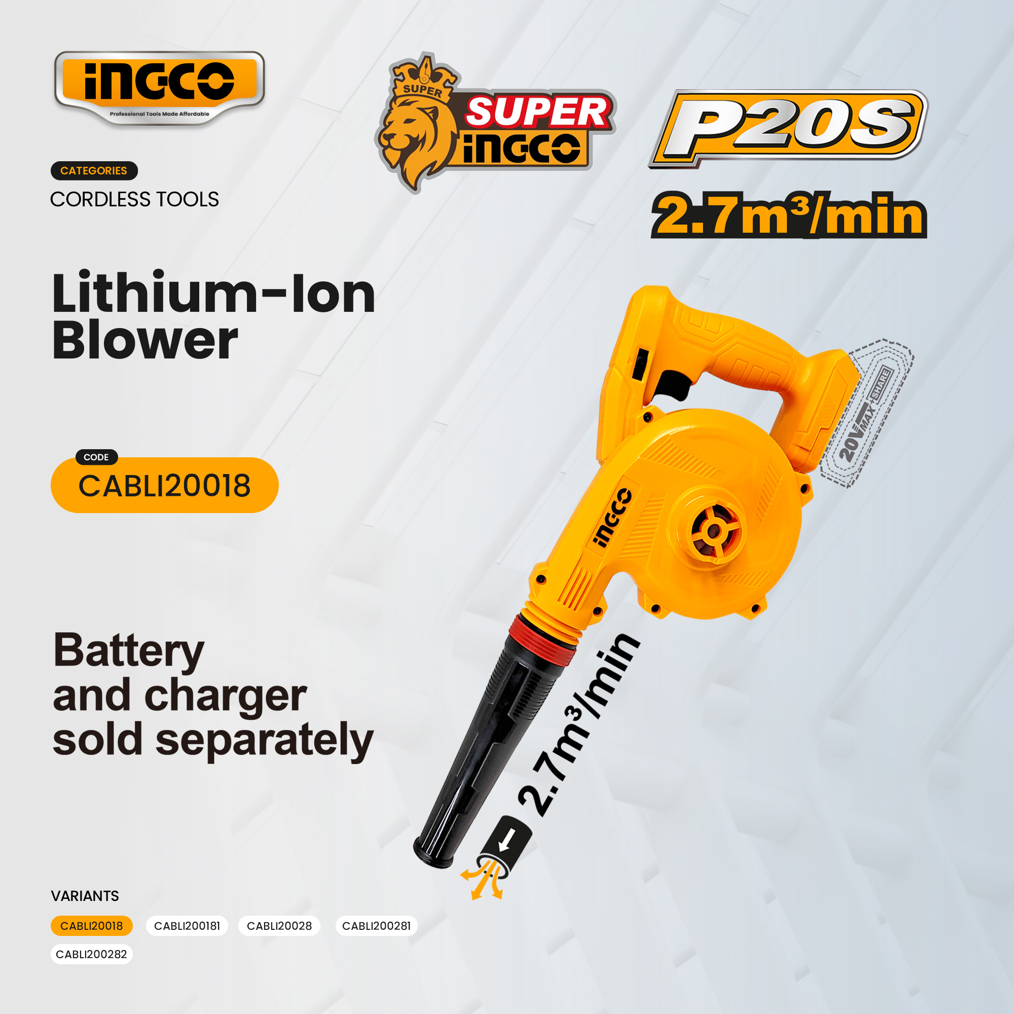Ingco 20V Li-Ion Cordless Blower with Unit Only | Battery and Charger ...