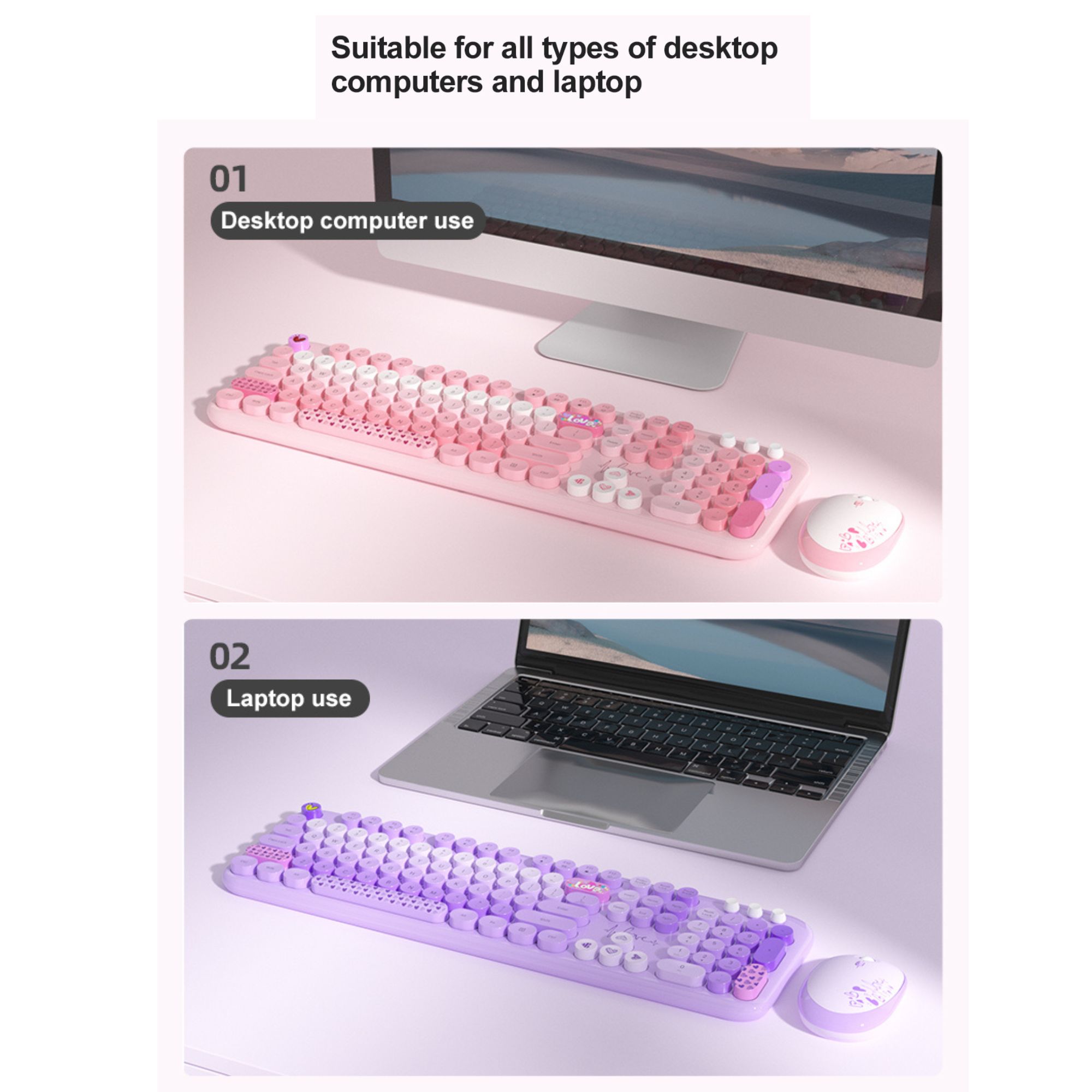 MOFII Lovely wireless keyboard & mouse set Lovely Design keycaps Silent ...