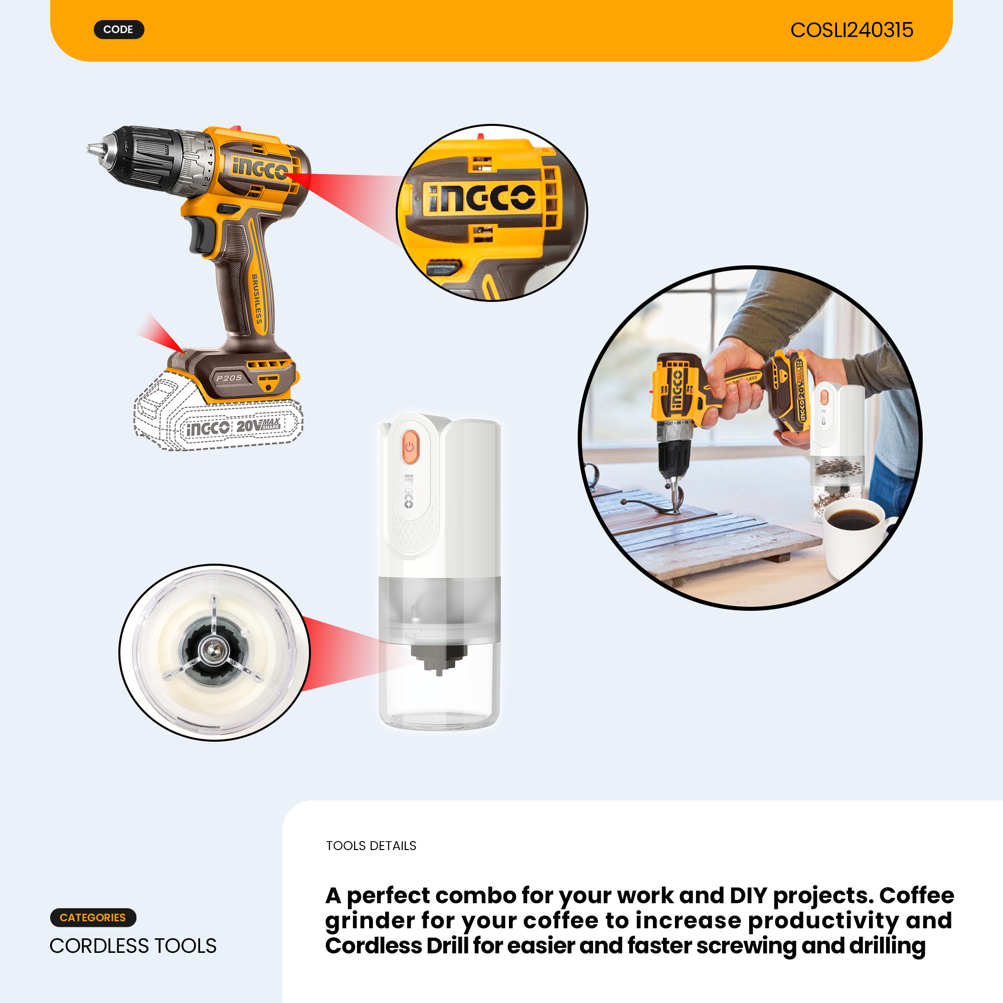 Ingco 2pcs Cordless Combo Kit 20V Li-Ion Brushless Drill & Free 15W ...