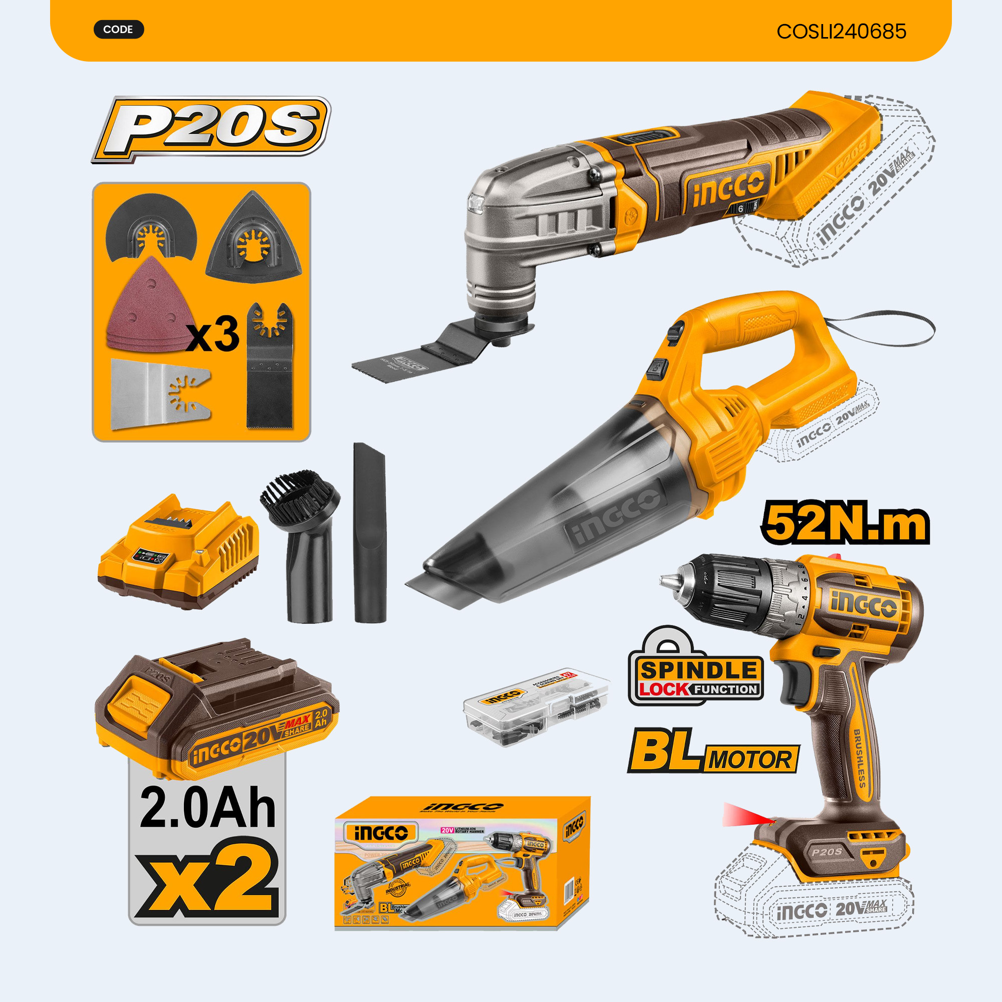 Ingco 3pcs Combo kit Set 20V Brushless Cordless Drill/Vacuum Cleaner ...