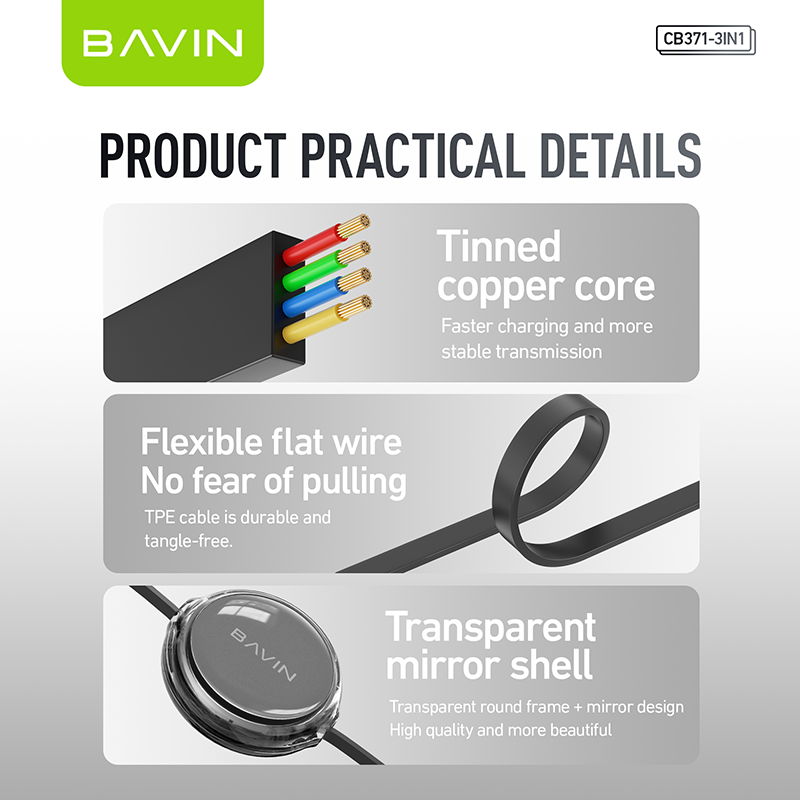 BAVIN CB371 3 in 1 Charging Data Cable w/ 1 Meter Retractable Wire ...