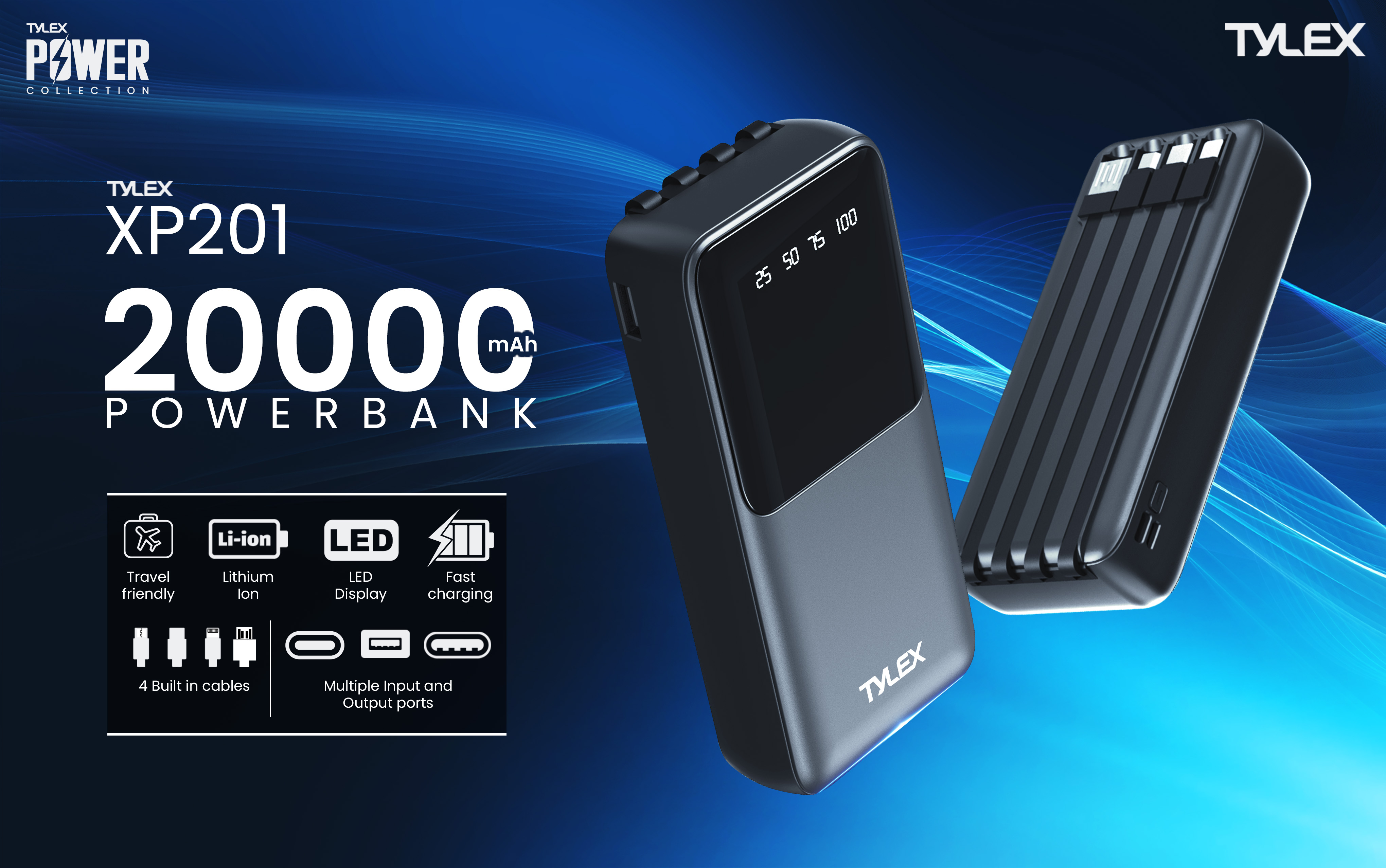 Tylex XP201 PowerBank 20000mAh Battery Capacity Built-In Cable Portable ...