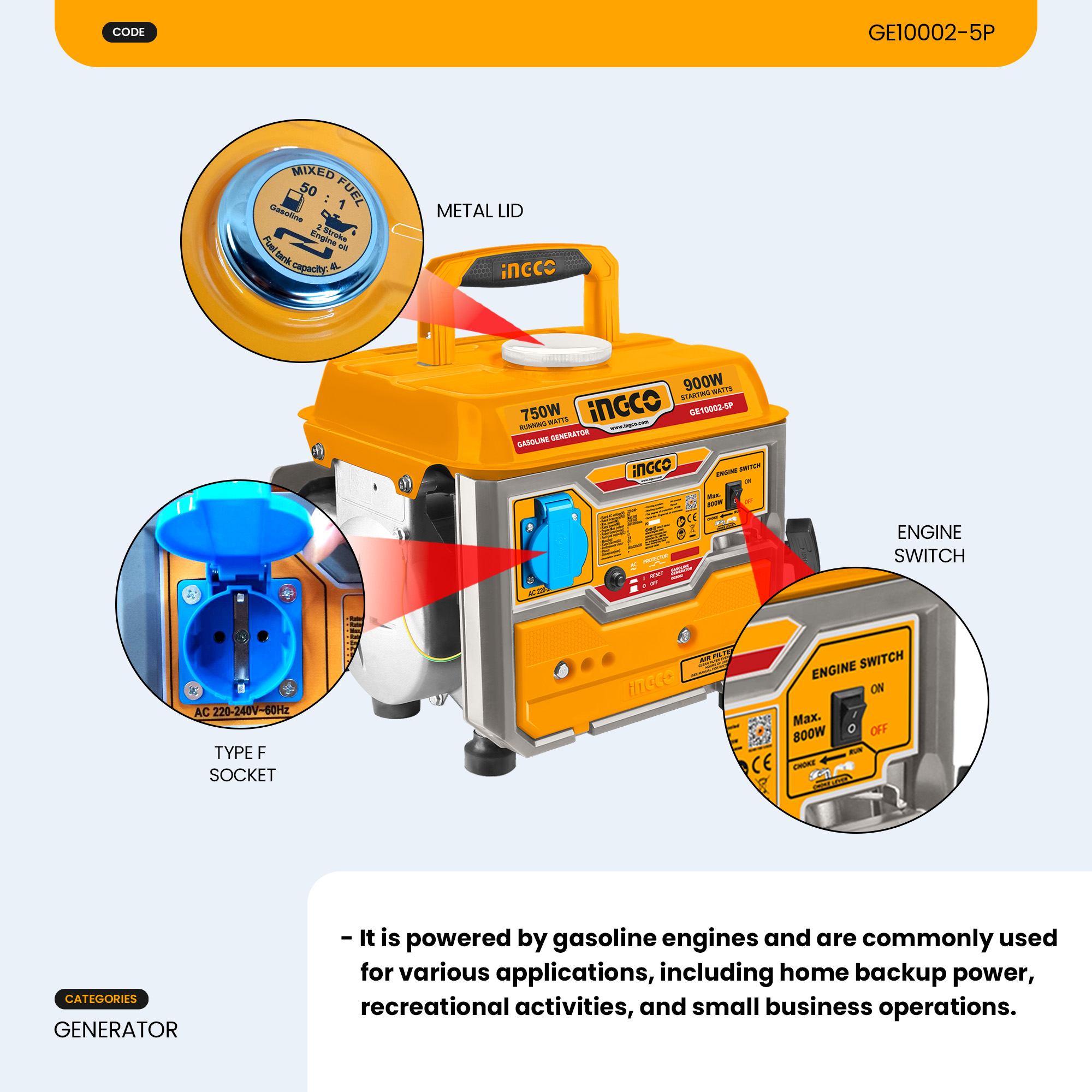 Ingco GE10002-5P Manual Portable Gasoline Generator 1Kva 2-Stroke ...