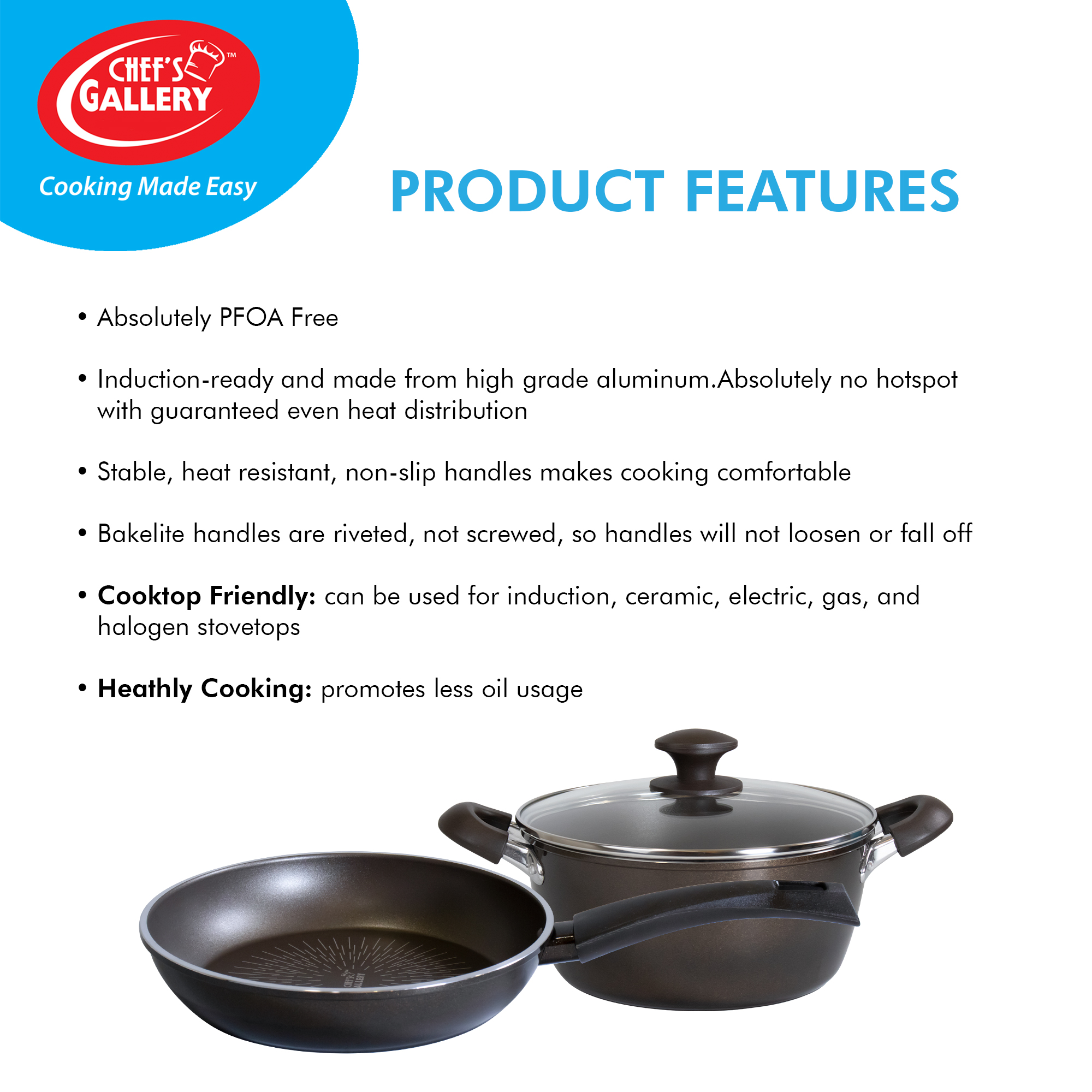 Chef's Gallery Gold Series Greblon C2 Induction Non-Stick Cookware Set ...