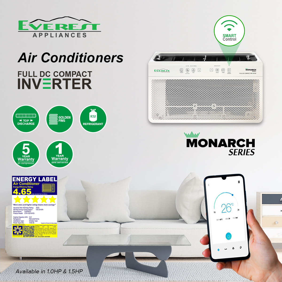 EVEREST 1.5HP Inverter Window Type Aircon/ Full Dc/ Wifi Function ...