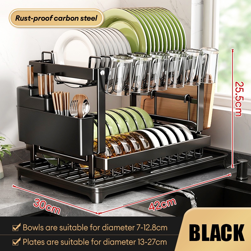 2 Tiers Dish Drying Rack Plate Drainer Rack Metal Kitchen Organizer ...
