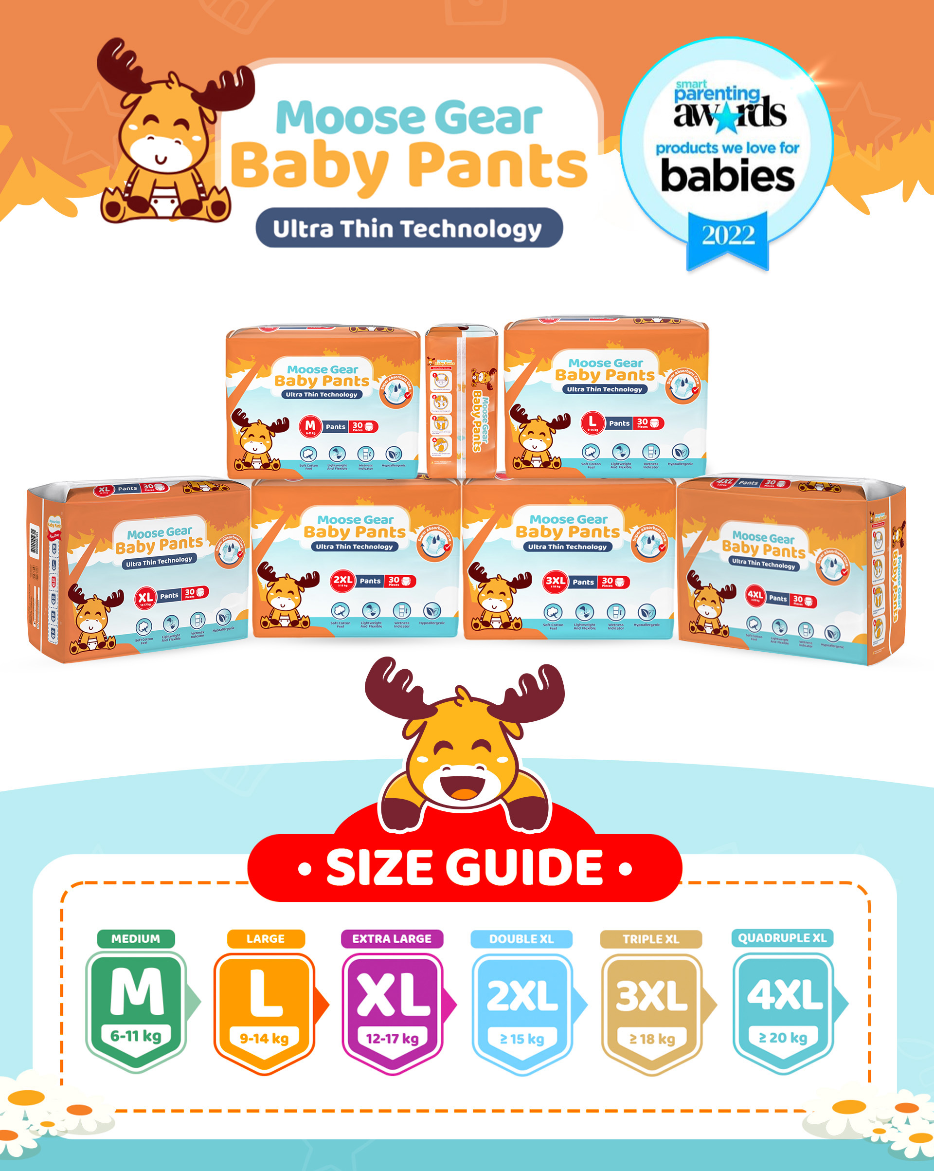 Moose Gear Baby Pants Diaper LARGE 60pcs (2PACKS) Hypoallergenic Super ...