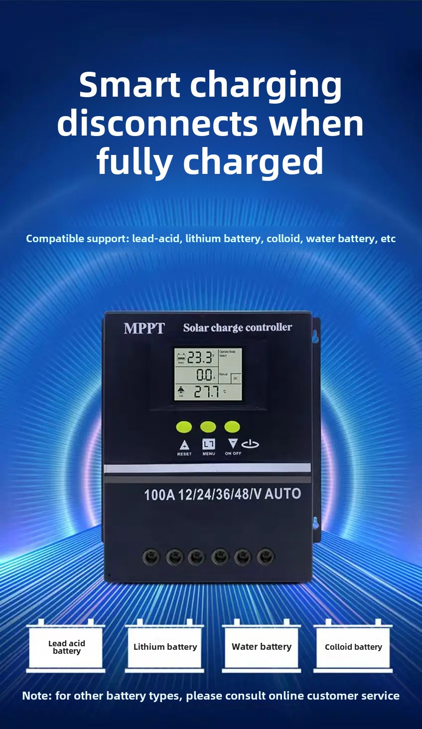 Unicorn MPPT Solar Controller 30A/ 60A/80A/100A 12V 24V 36V 48V with LCD Screen AUTO Battery ...