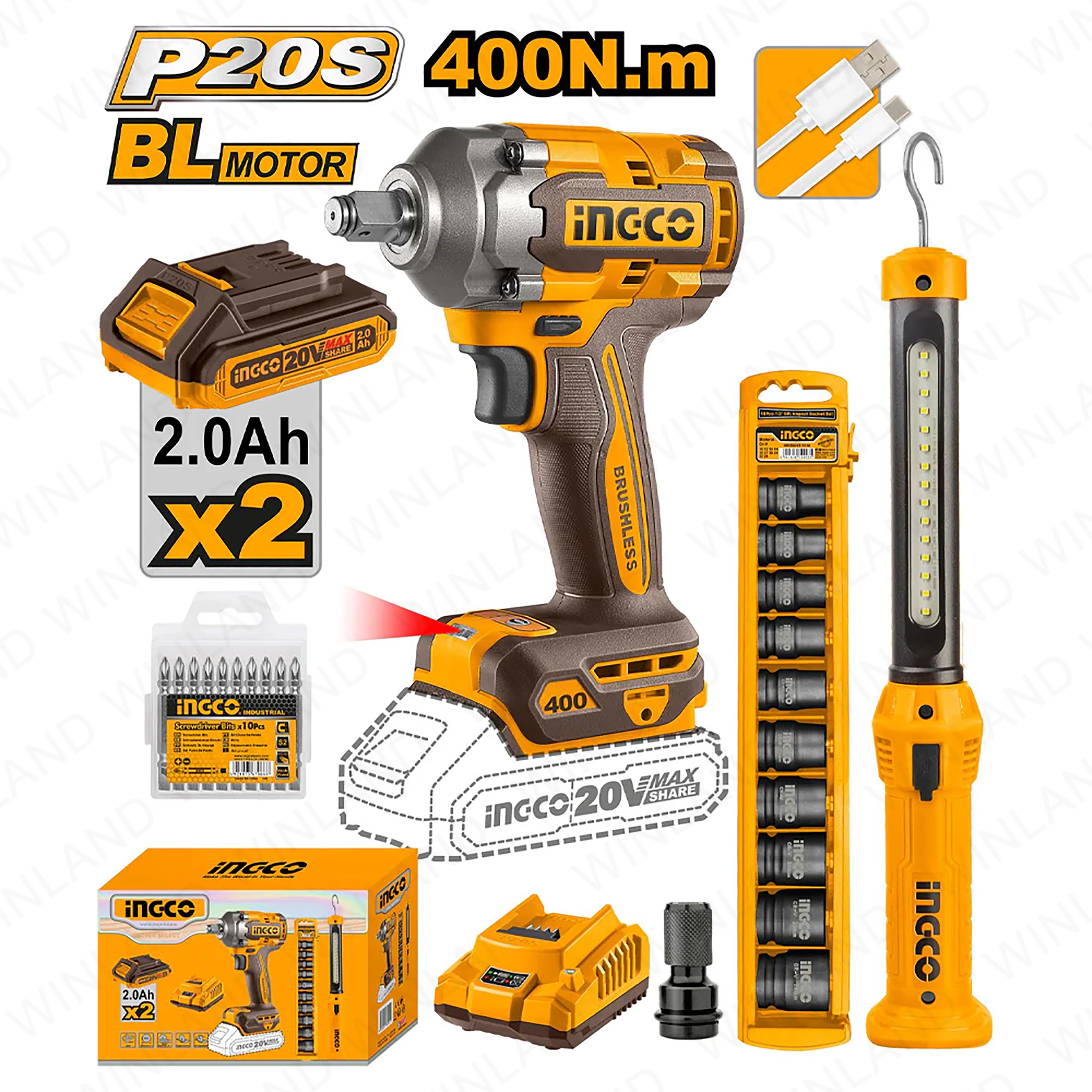 Ingco by Winland P20S/20V 2PCS Combo Kit with Lithium-Ion Cordless Impact Wrench COSLI23048 ING ...