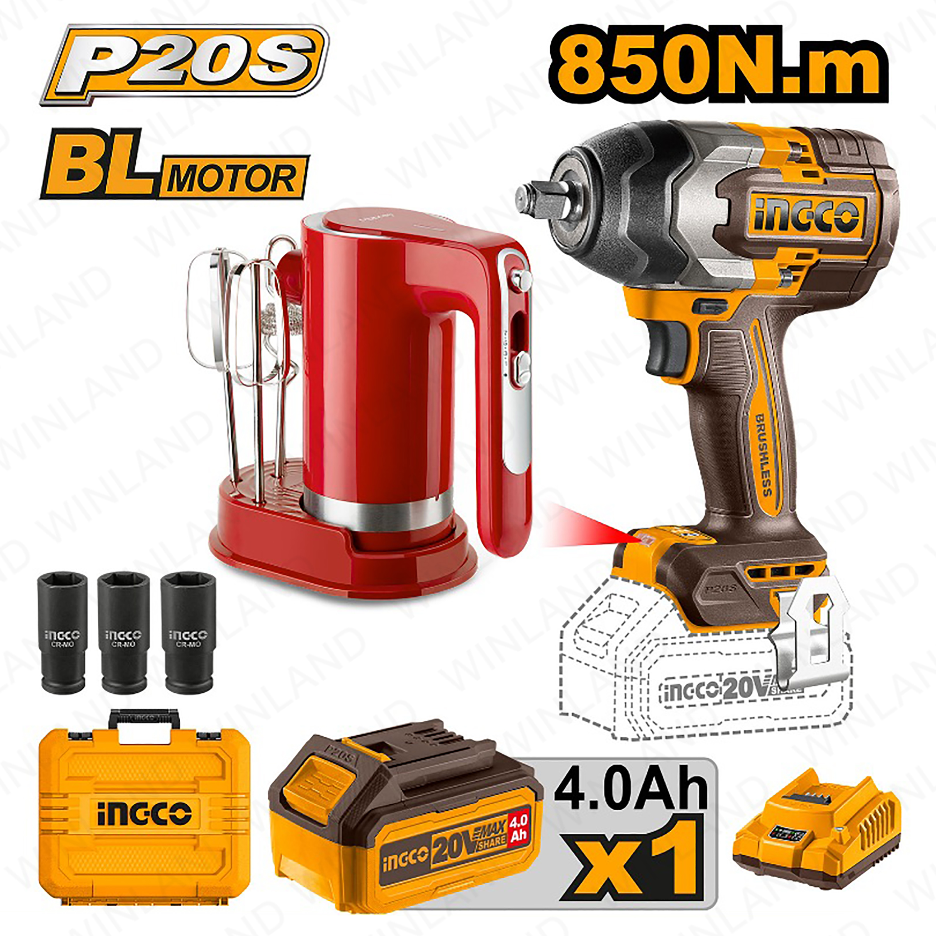 Ingco by Winland P20S/20V 2PCS Combo Kit with Lithium-Ion Cordless ...