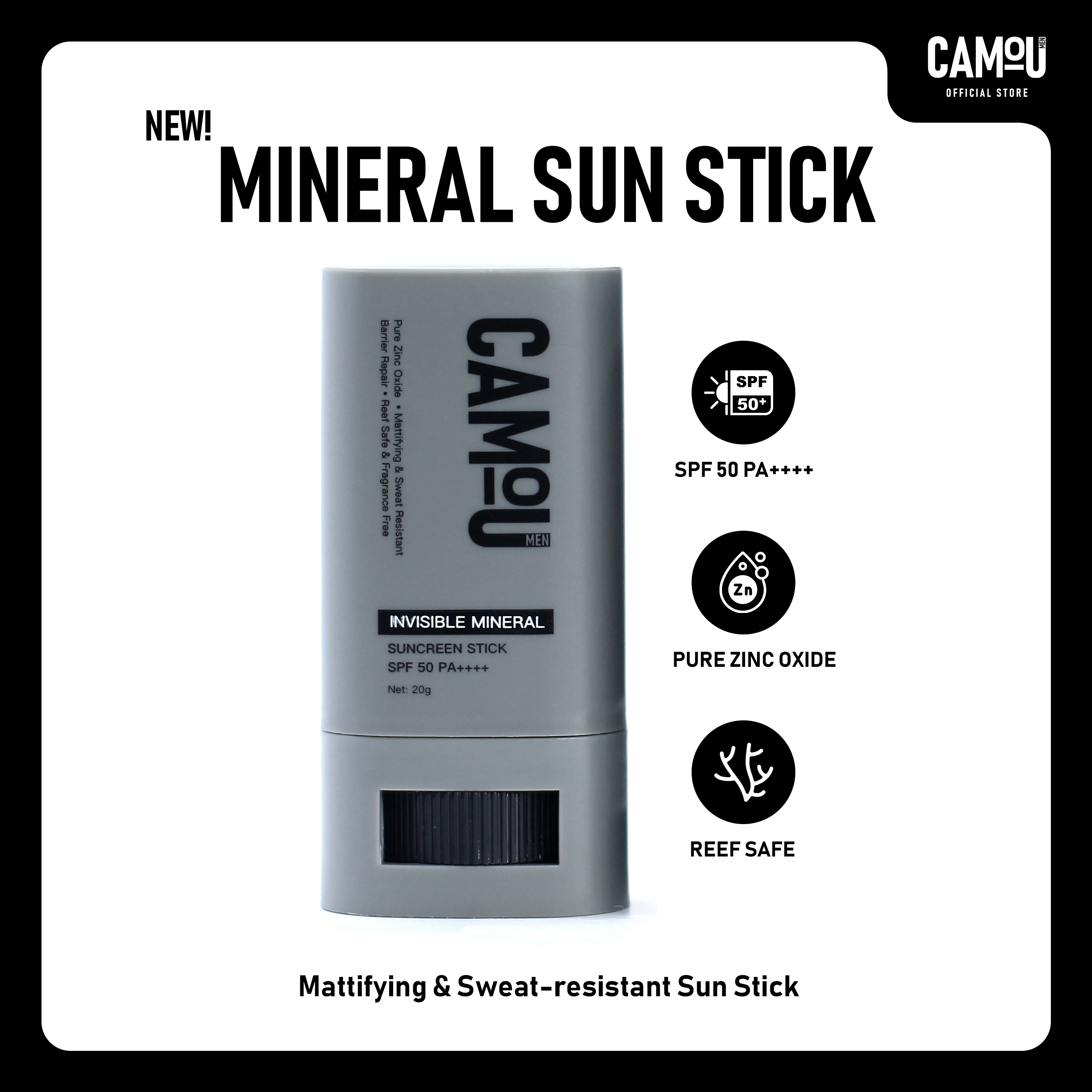 20g Camou Mineral Matte Sunscreen Stick SPF50 PA++++ Zinc Oxide ...