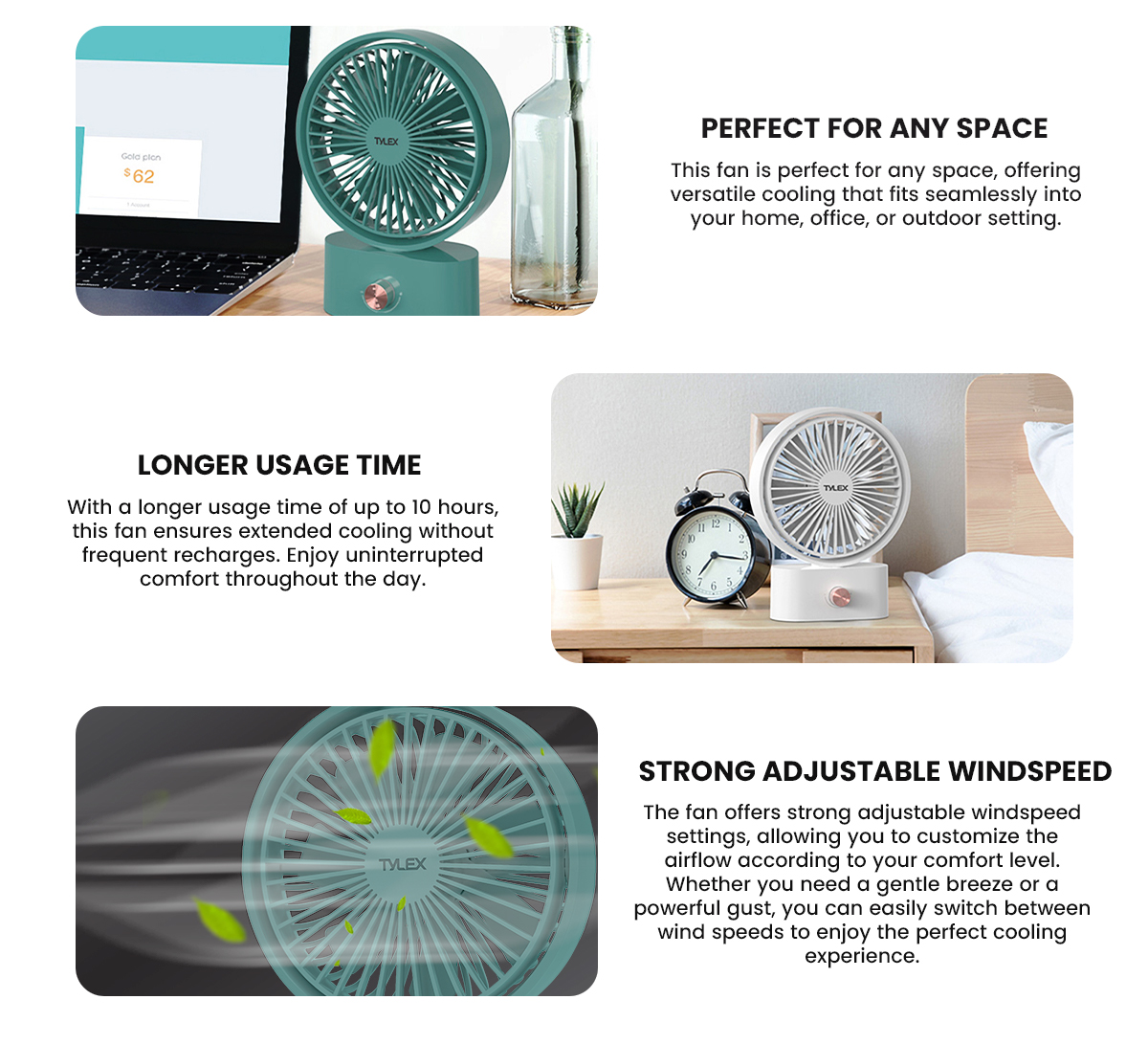 Tylex XM46 Portable Fan Rotatable 3.5W Adjustable Wind Speed 2000mAh ...