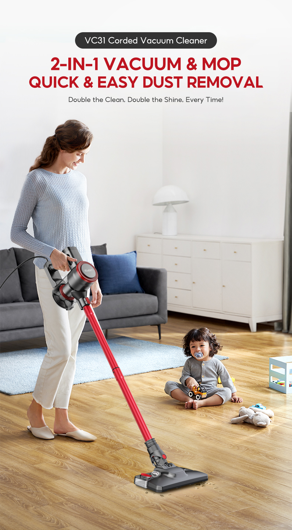 EYSIN 2-in-1 Vacuum & Mop Quick Easy Dust Removal with 20000PA Suction Power VC31 | Shopee ...